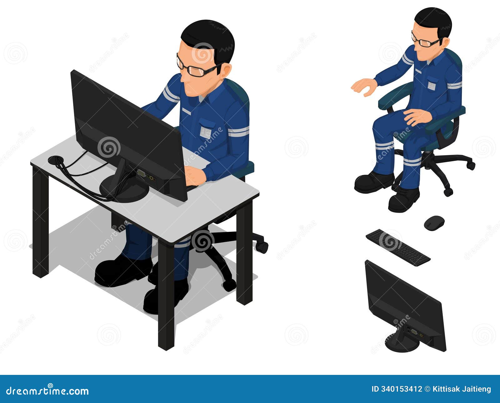Isometric View of Worker with PC on White Background Stock Illustration ...