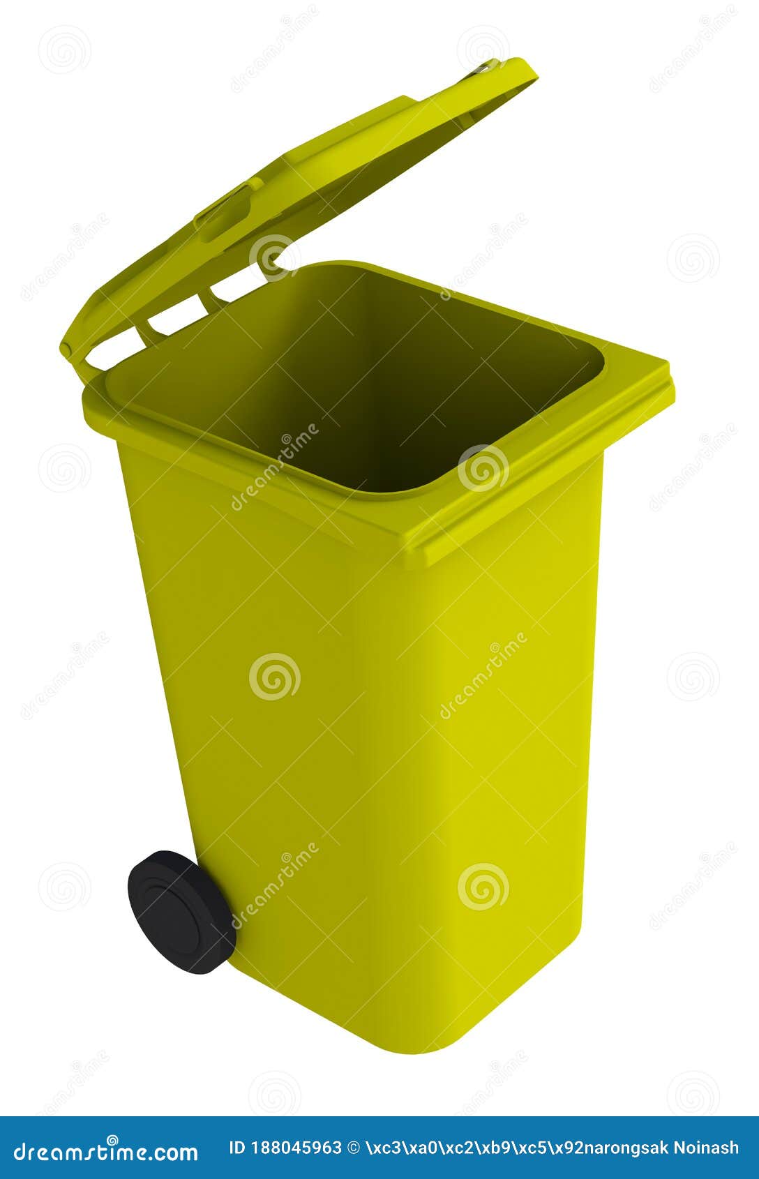 Isometric View of Yellow Garbage Wheelie Bin with a Open Lid on a White ...
