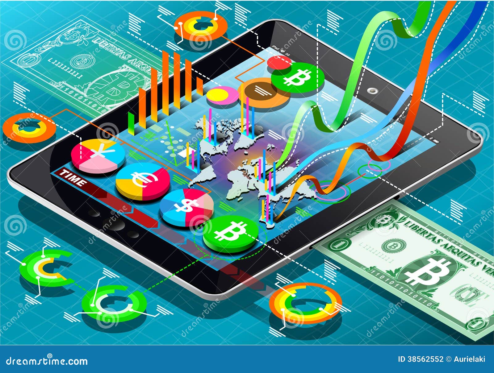 Isometric Virtual Coin Infographic on Tablet Stock Vector ...