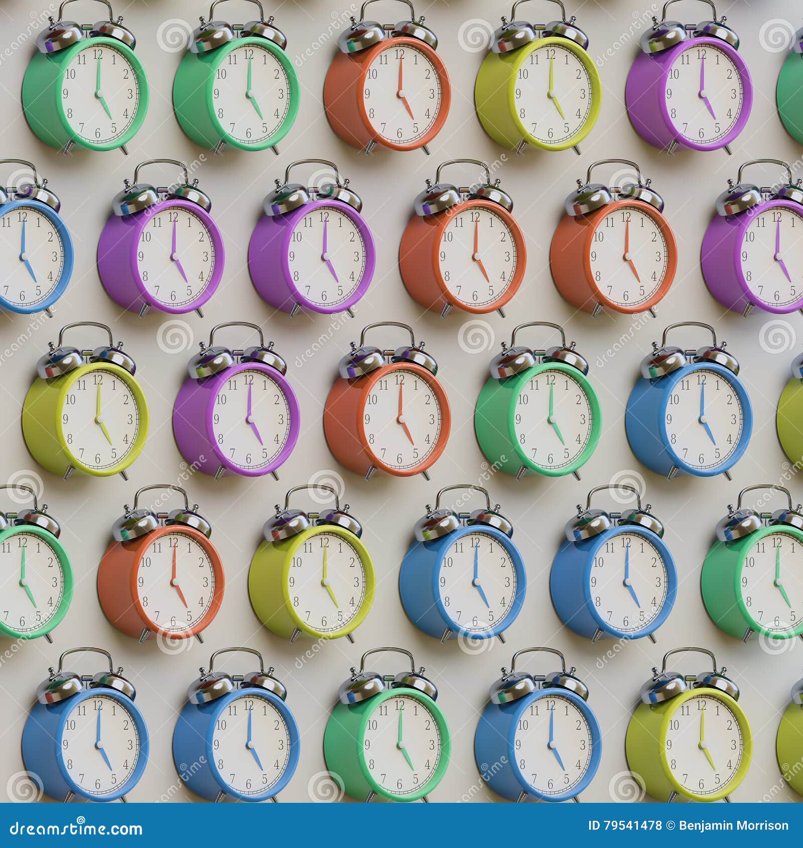 An Isometric Wall of Retro Styled Alarm Clocks in a Variety of Colors ...