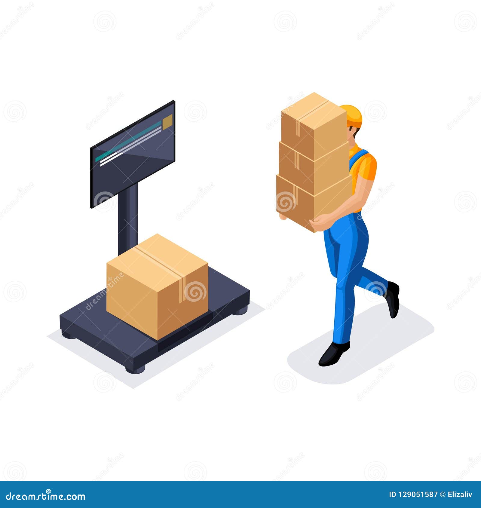 Isometric Warehouse Worker Weighing a Package with a Parcel, a Man in ...