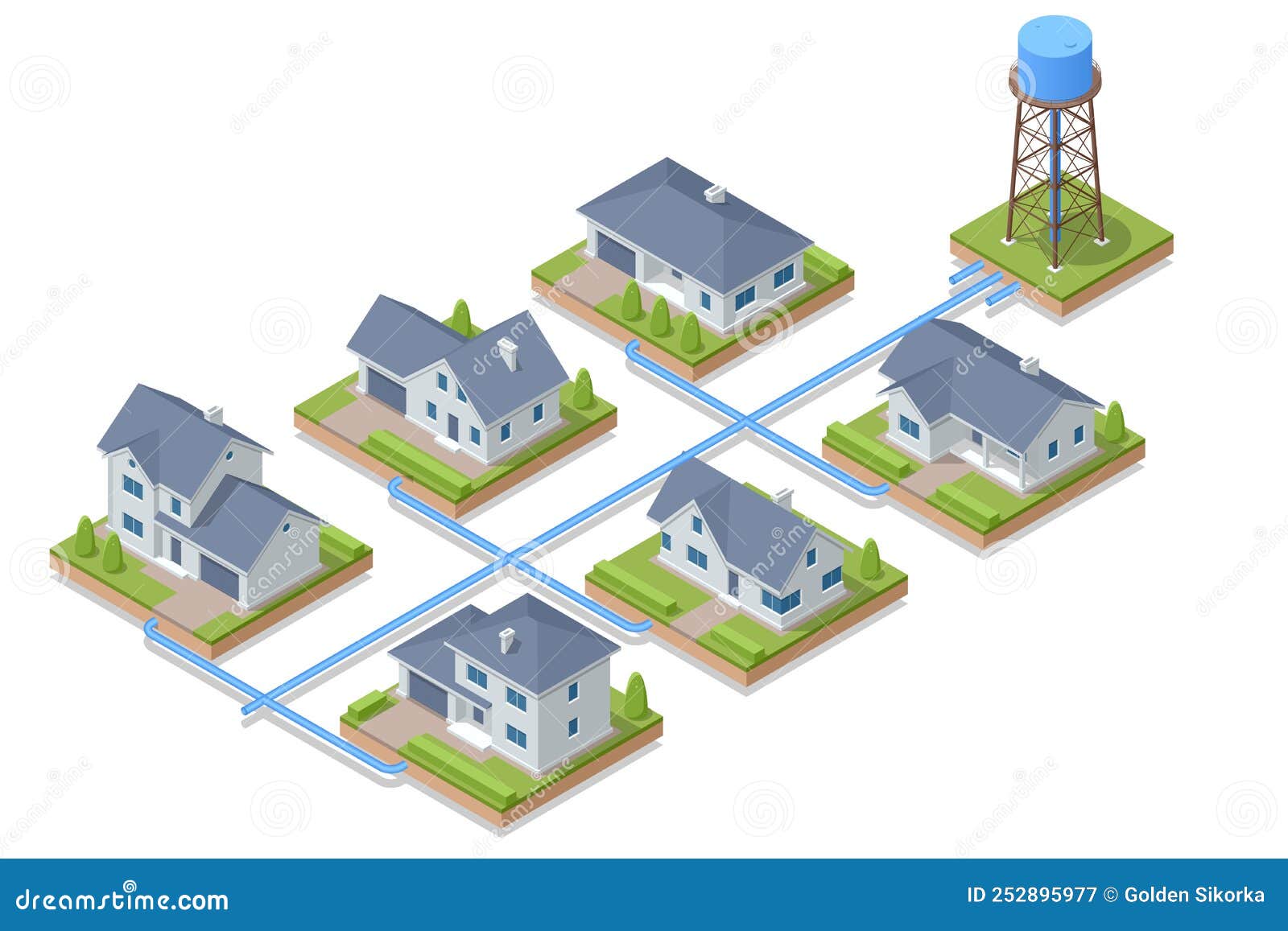 Isometric Water Tower With Distribution Of Drinking Water To The Villas ...