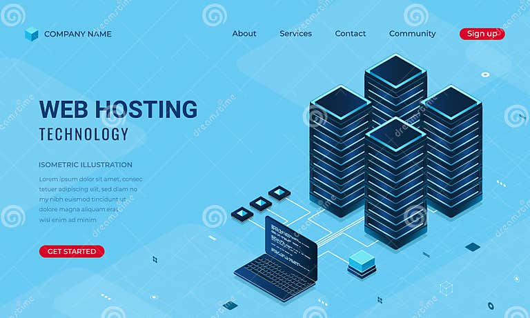 Isometric Web Banner Hosting Technology. Computing Cloud and Connections. Web Hosting Concept ...