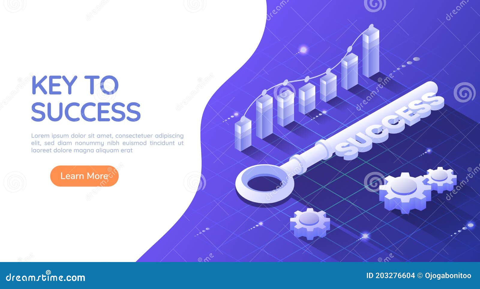 Isometric Web Banner Key To Success on Blue Background with Graph and ...