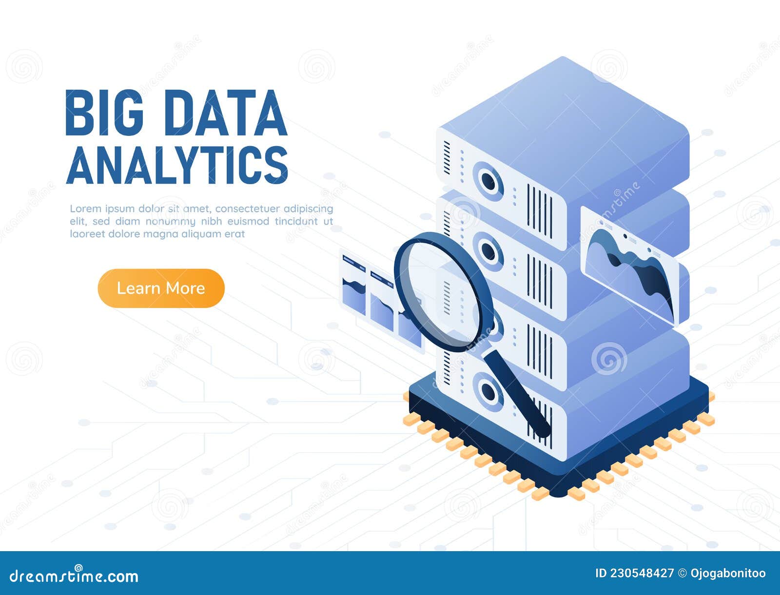 Isometric Web Banner Magnifying Glass Scanning Database Server on ...