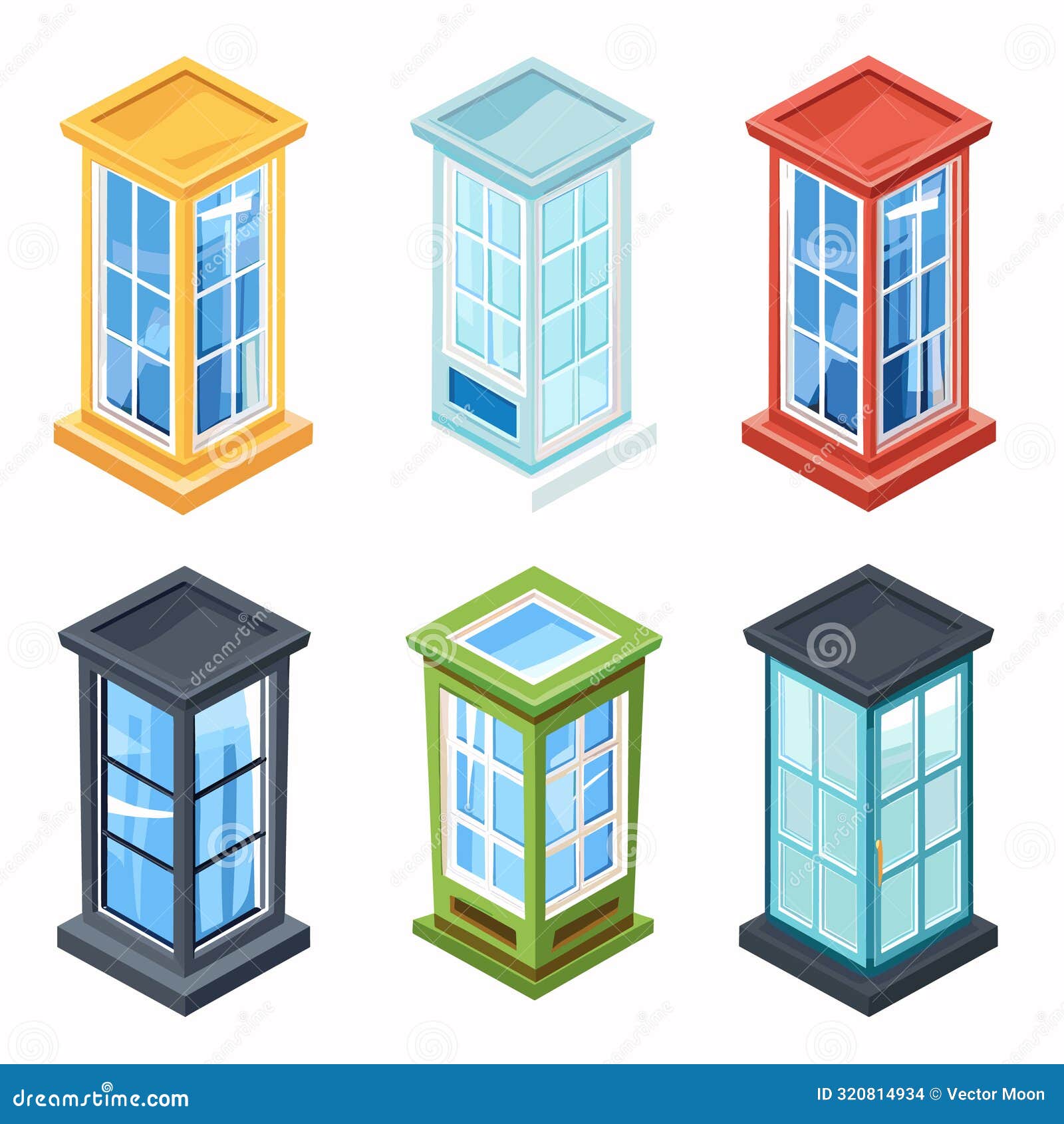 Isometric Windows Set Featuring Six Different Styles Colors. Various ...