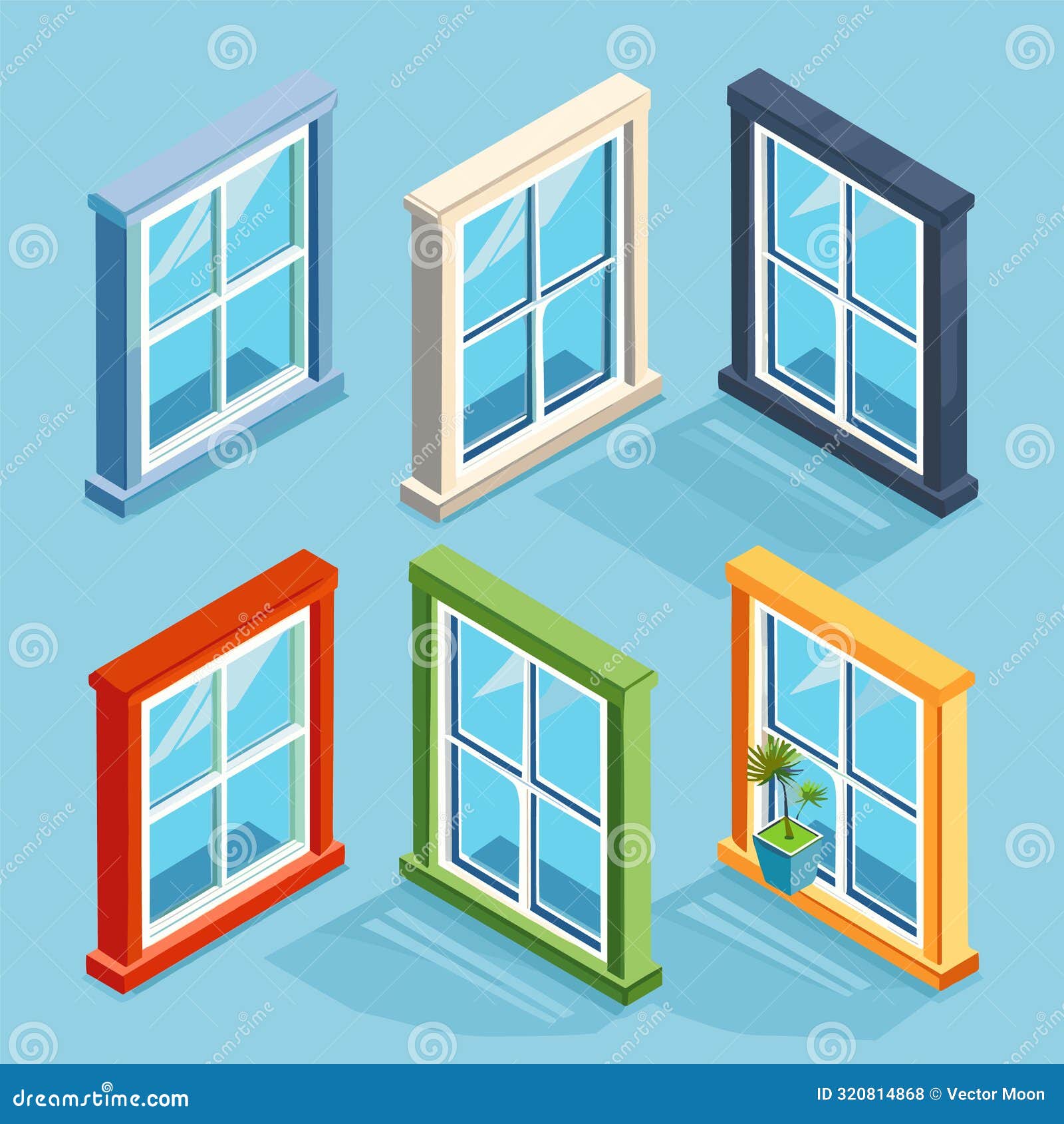 Isometric Windows Various Colors Blue Background. Different Styles ...
