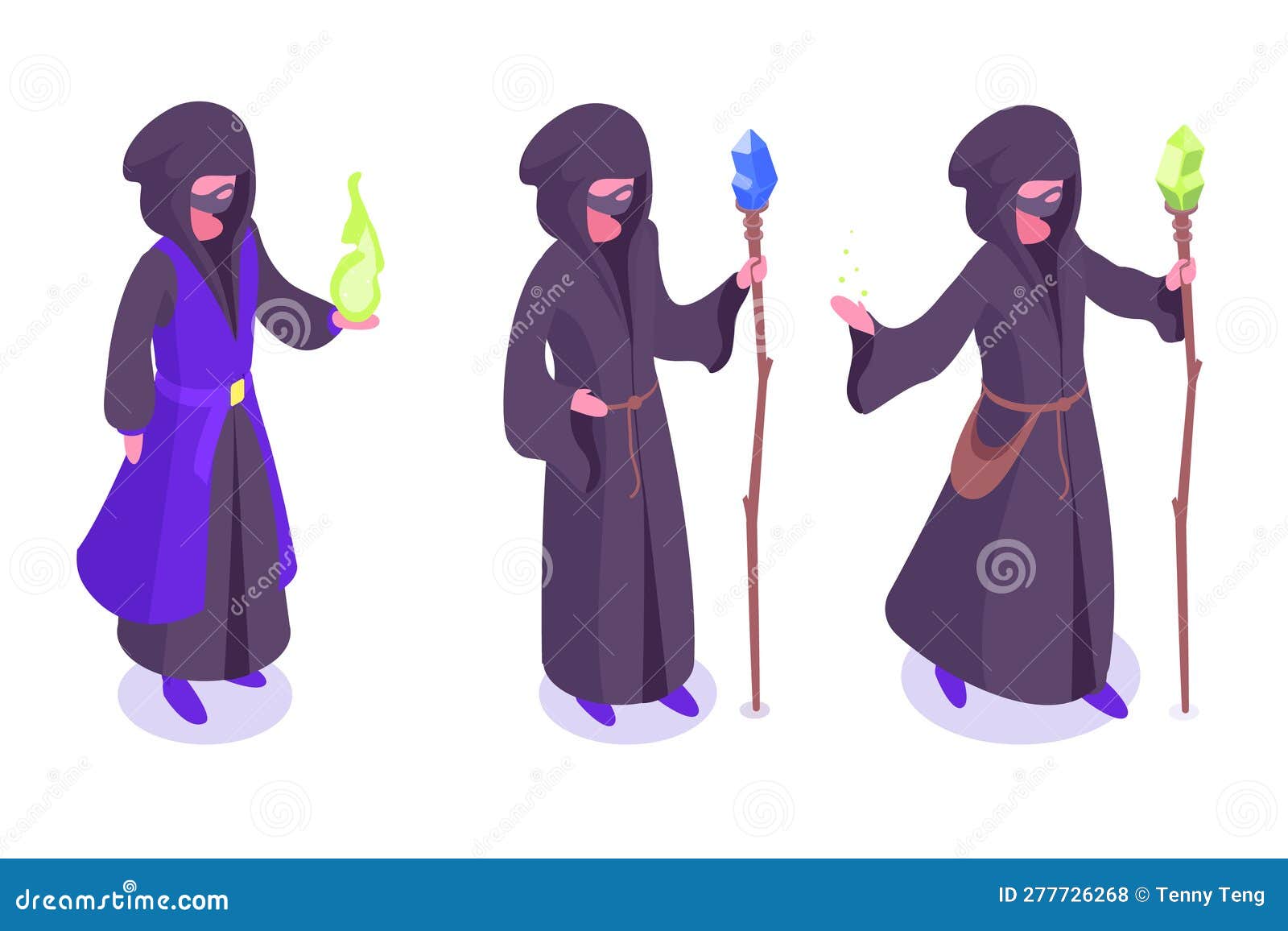 Old Wizard Characters Set, Male Magician Or Warlock In Robe Practicing ...