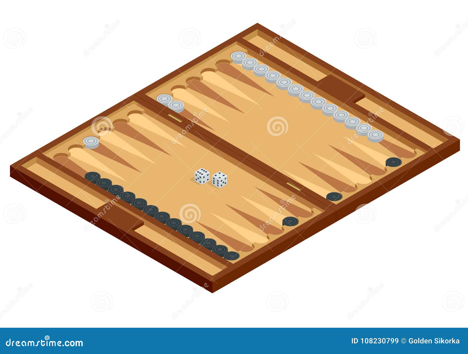 Isometric Wooden Backgammon Board, with Playing Pieces and Dice. Vector ...