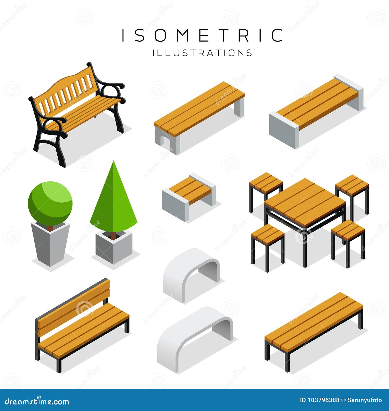 Isometric Wooden Bench Collection Vector Stock Vector - Illustration of ...