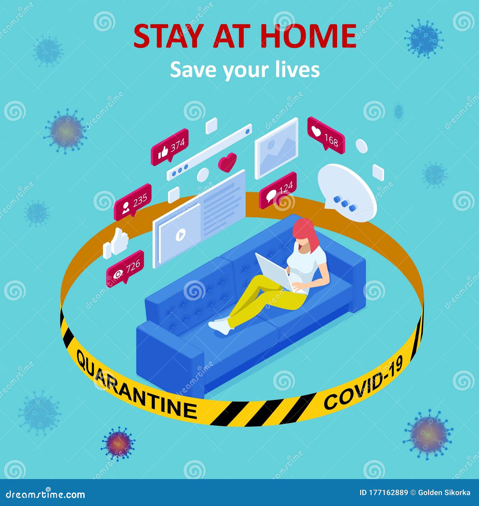 Isometric Work From Home. Corona Virus - Staying And Working At Home ...
