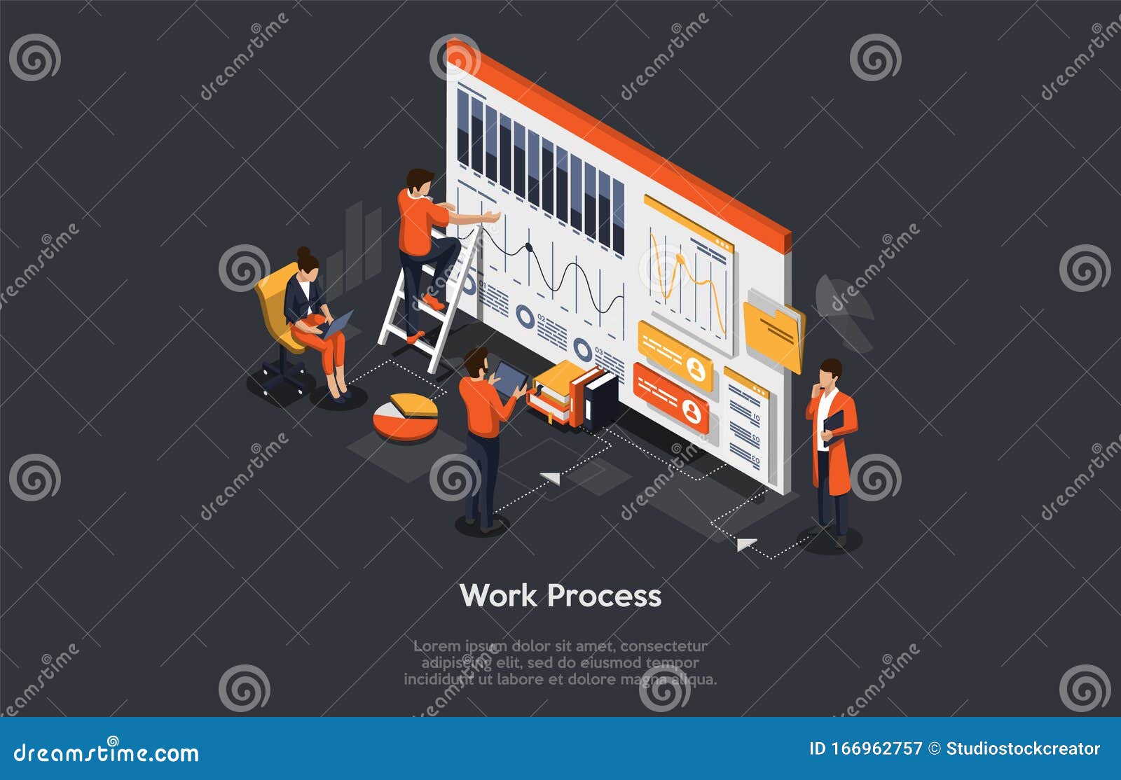 Isometric Work Process Concept. Business People are Planning ...