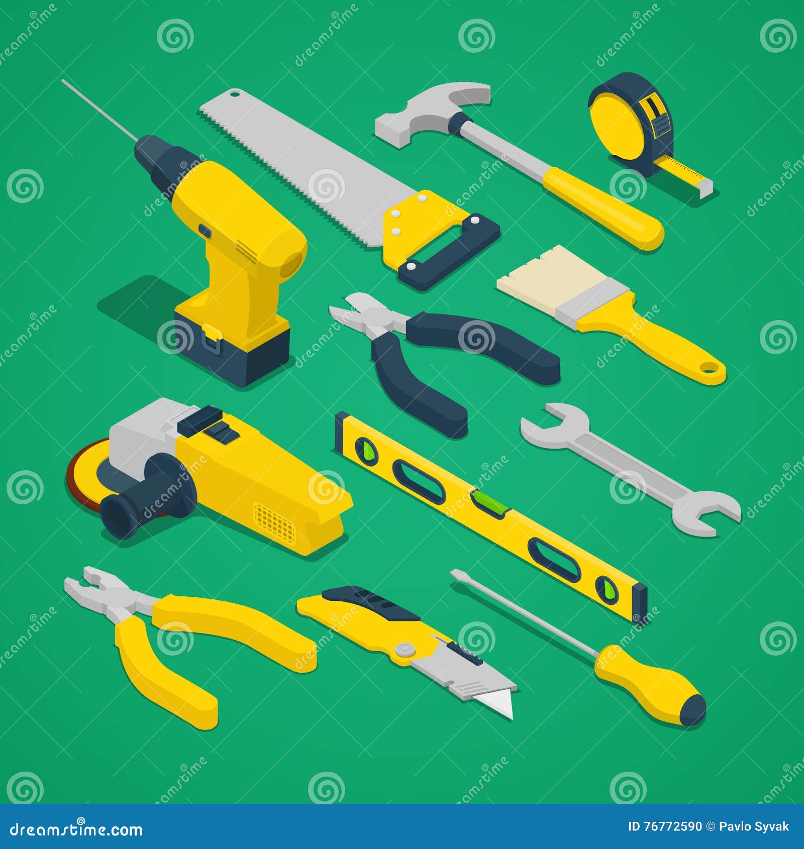 Isometric Work Tools Set with Drill Screwdriver Level and Hammer Stock ...