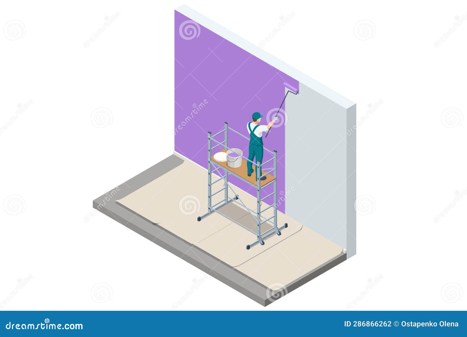 Isometric Worker Painting the Wall. Extensive Scaffolding Providing ...