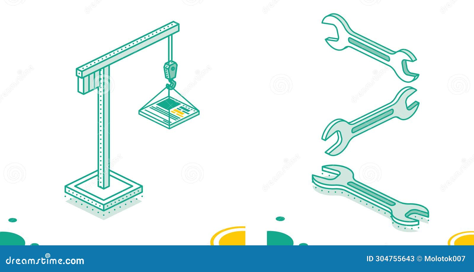 Isometric Wrench and Small Crane with Design Element. Outline Concept ...