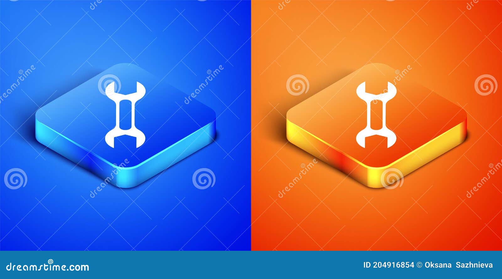 Isometric Wrench Spanner Icon Isolated on Blue and Orange Background ...