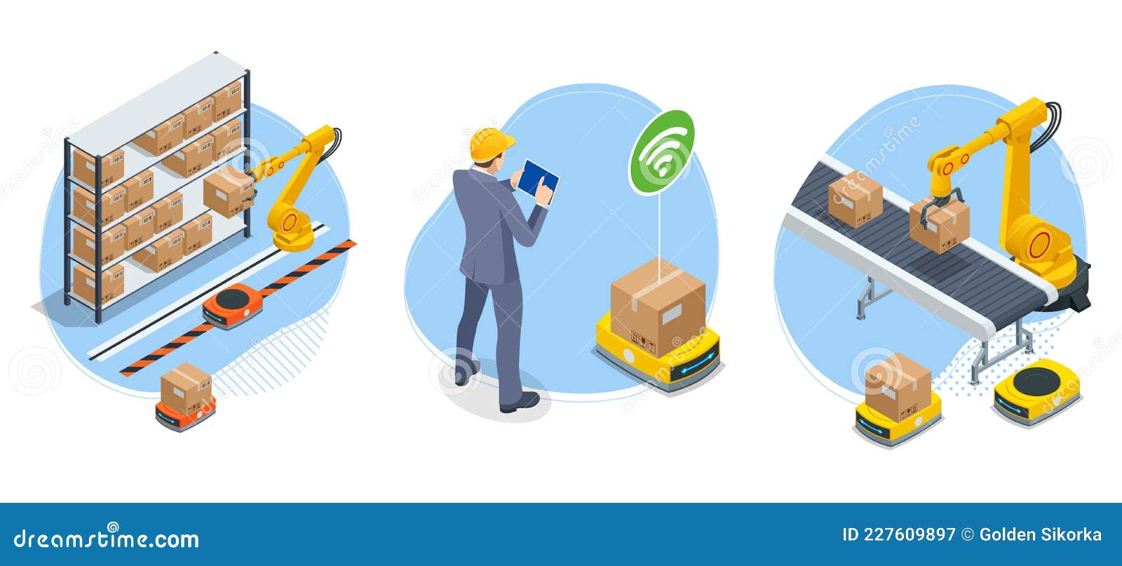 Isometric Yellow Robotic Arm Carry Cardboard Box in Warehouse ... Isometric Yellow Robotic Arm Carry Cardboard Box in Warehouse ...