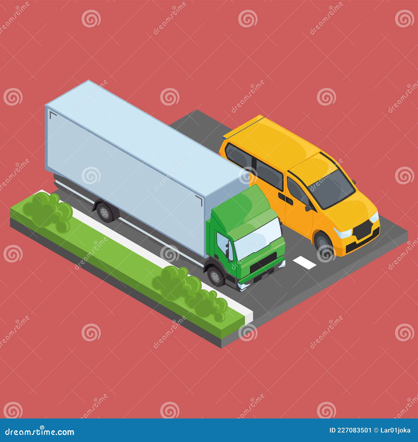 Isometric Yellow Van and a Truck on a Street Stock Vector ...