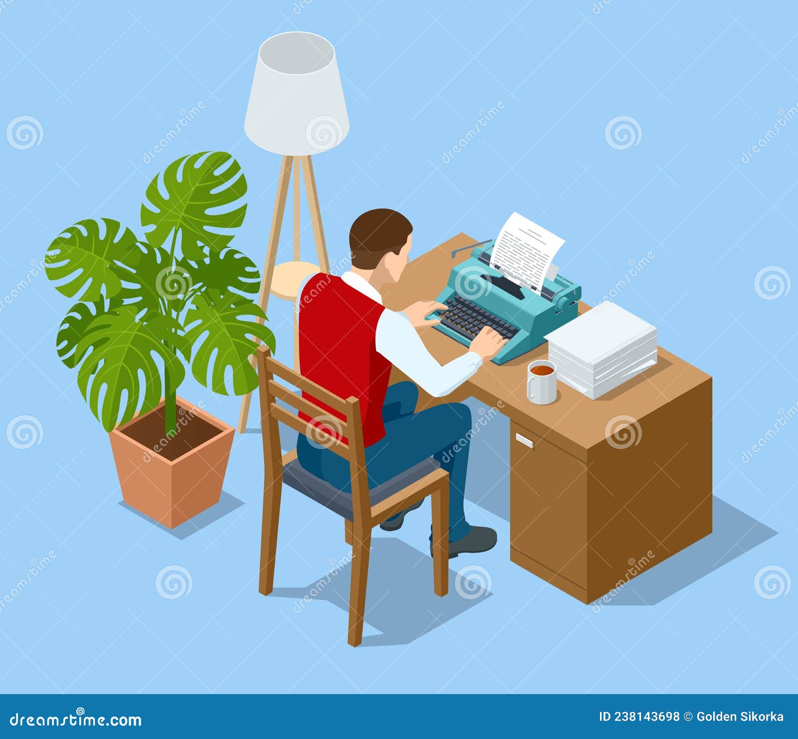 Isometric Young Busy Worker Typing on Typewriter. World Writer Day ...