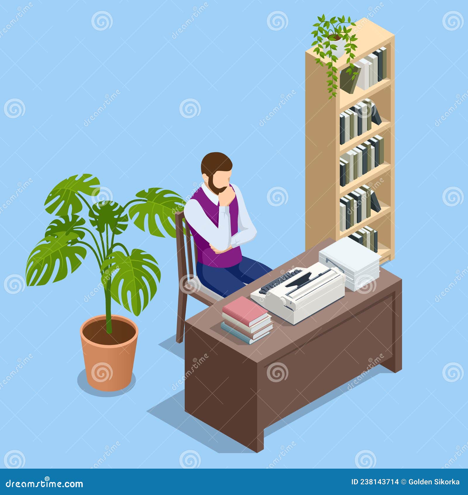 Isometric Young Busy Worker Typing on Typewriter. World Writer Day ...