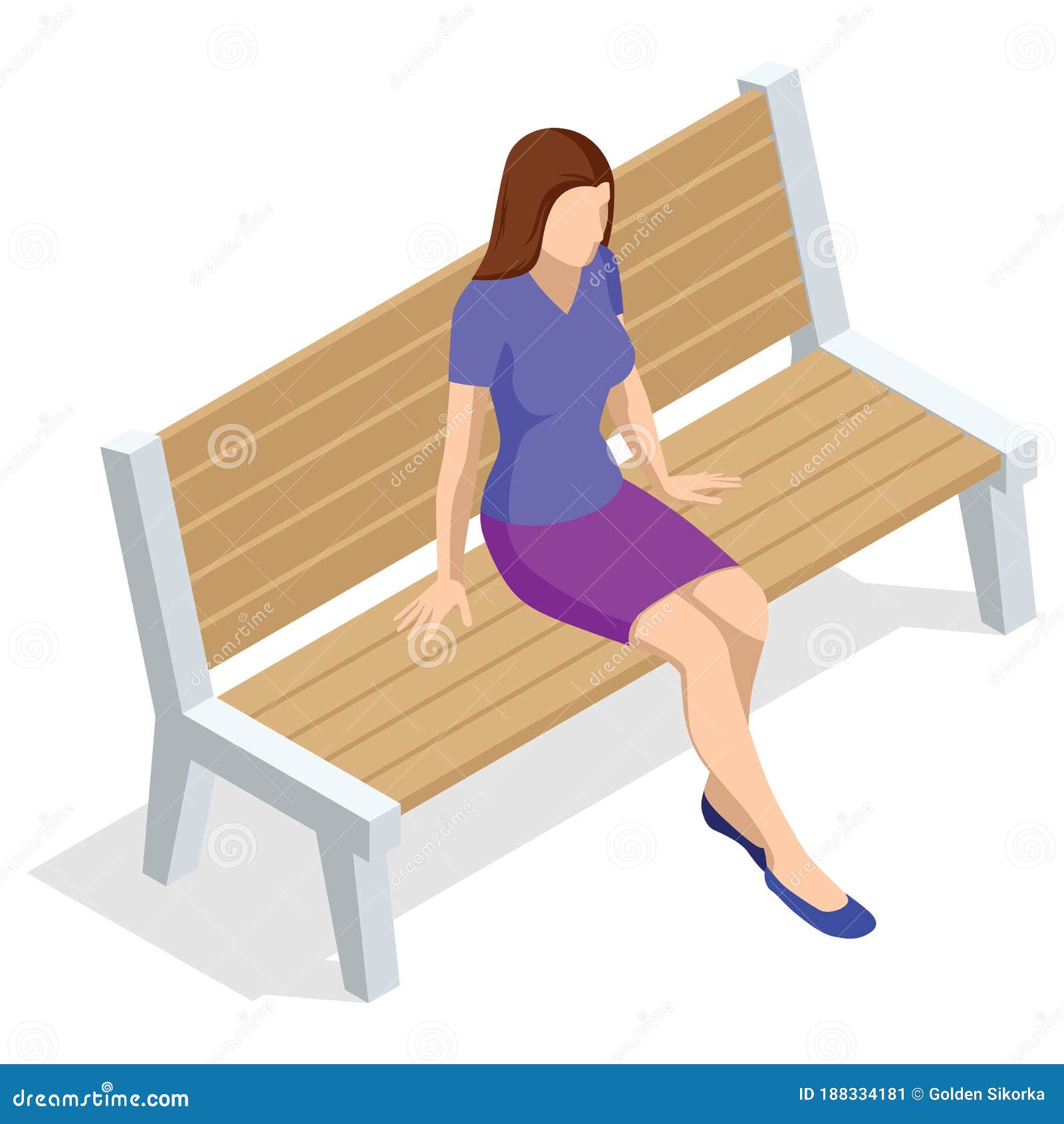 Isometric Young Woman Sitting on a Bench and Resting. Front View Stock ...