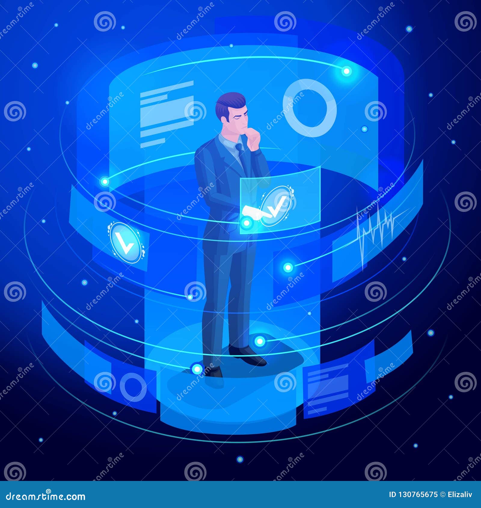 Isometrics a Businessman Works on a Virtual Screen, Looks at Documents ...