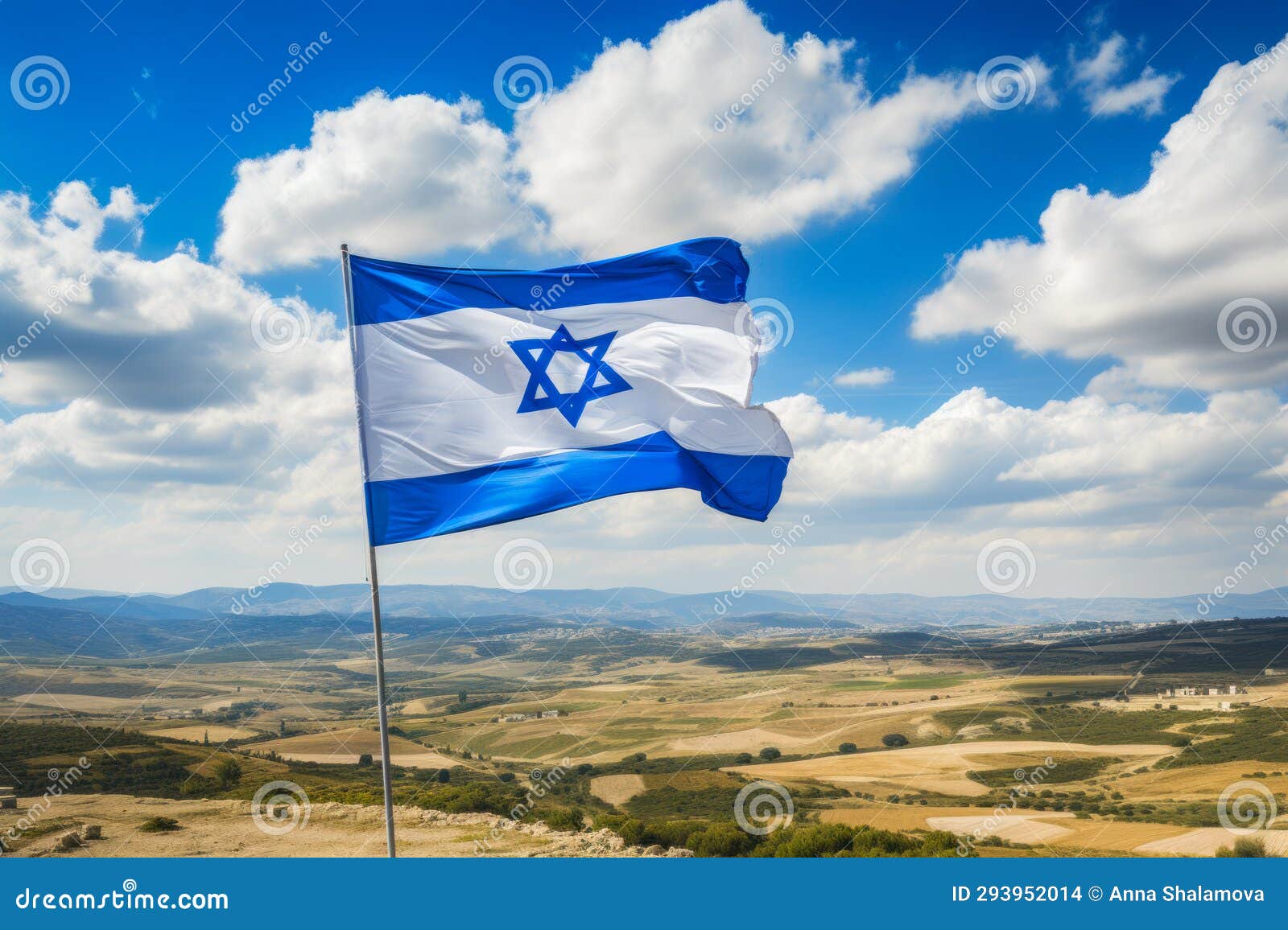 Israel Flag Waving in the Wind on a Background of Mountains and Blue ...