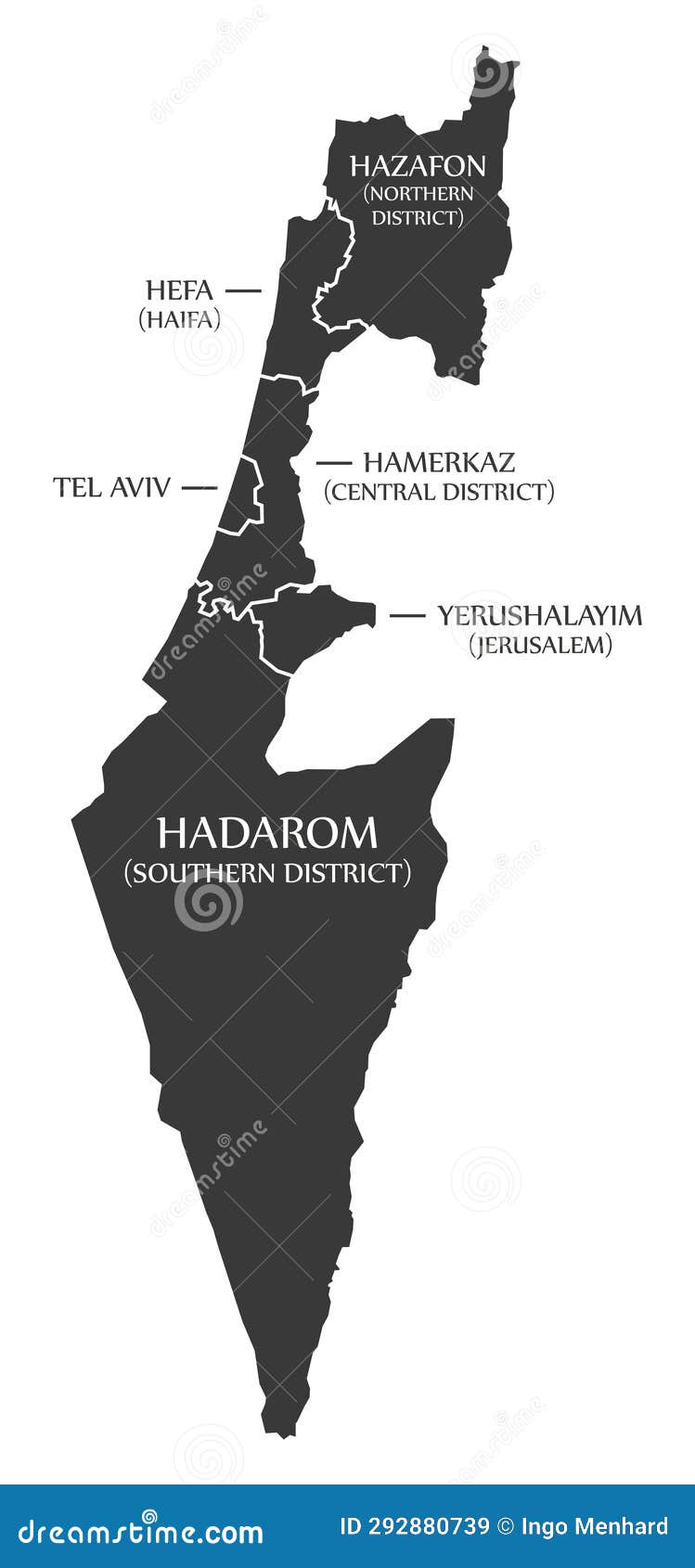 Israel Map with States and Labels Black Stock Illustration ...