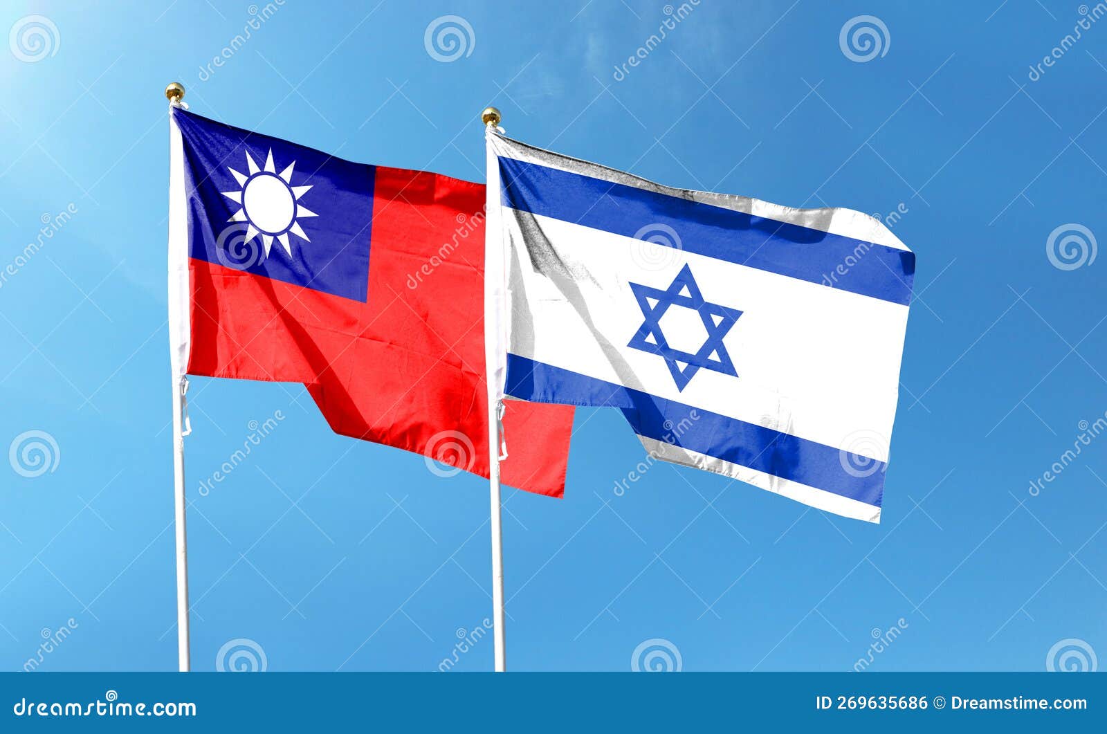 Israel and Taiwan Flags on Cloudy Sky. Waving in the Sky Stock Photo ...