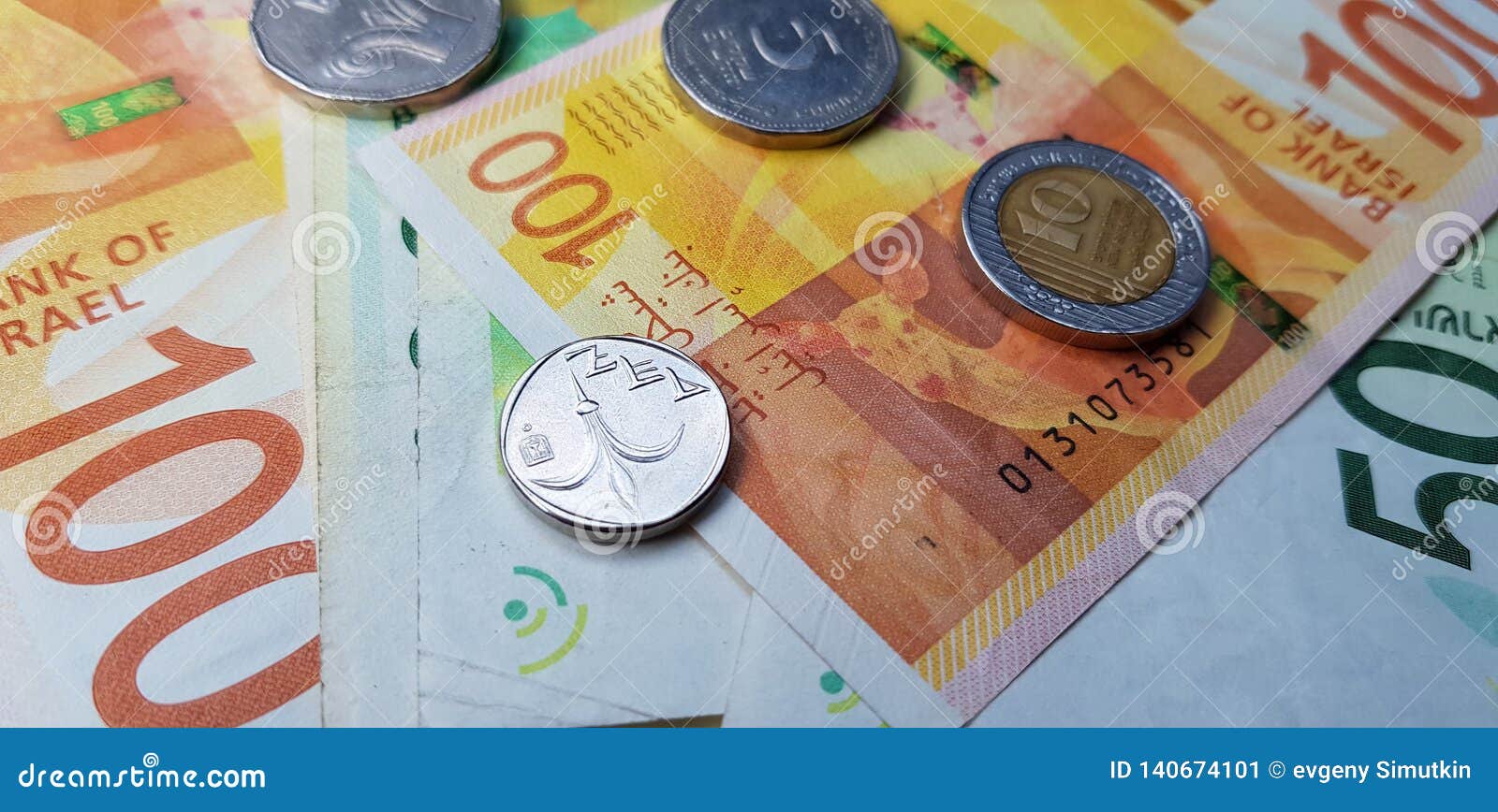 Israeli New Shekels Banknotes Of 100, 50 And Coins Of 5, 10, 1 Stock ...