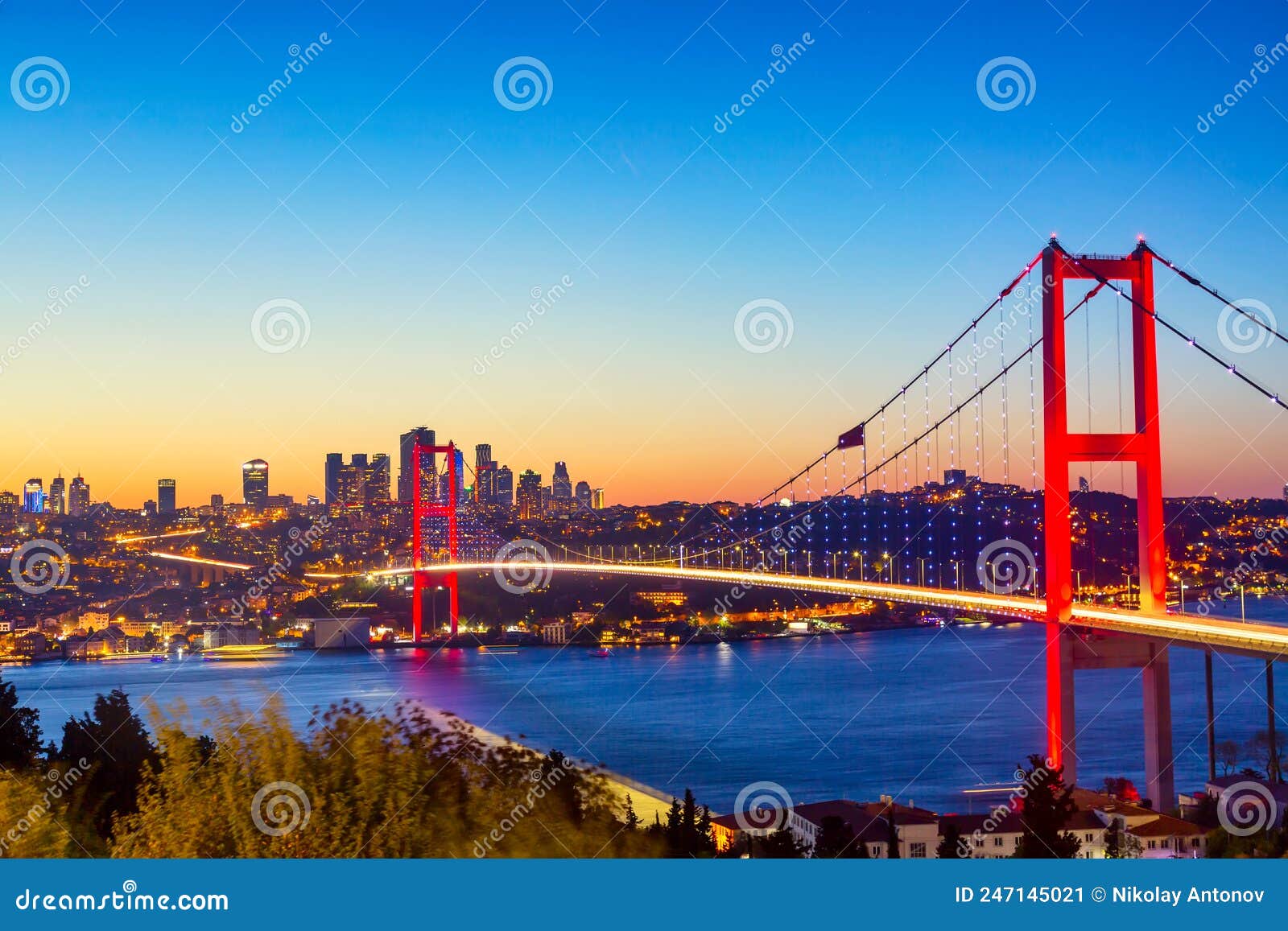 Istanbul Bosphorus Bridge or 15th July Martyrs Bridge at Sunset ...