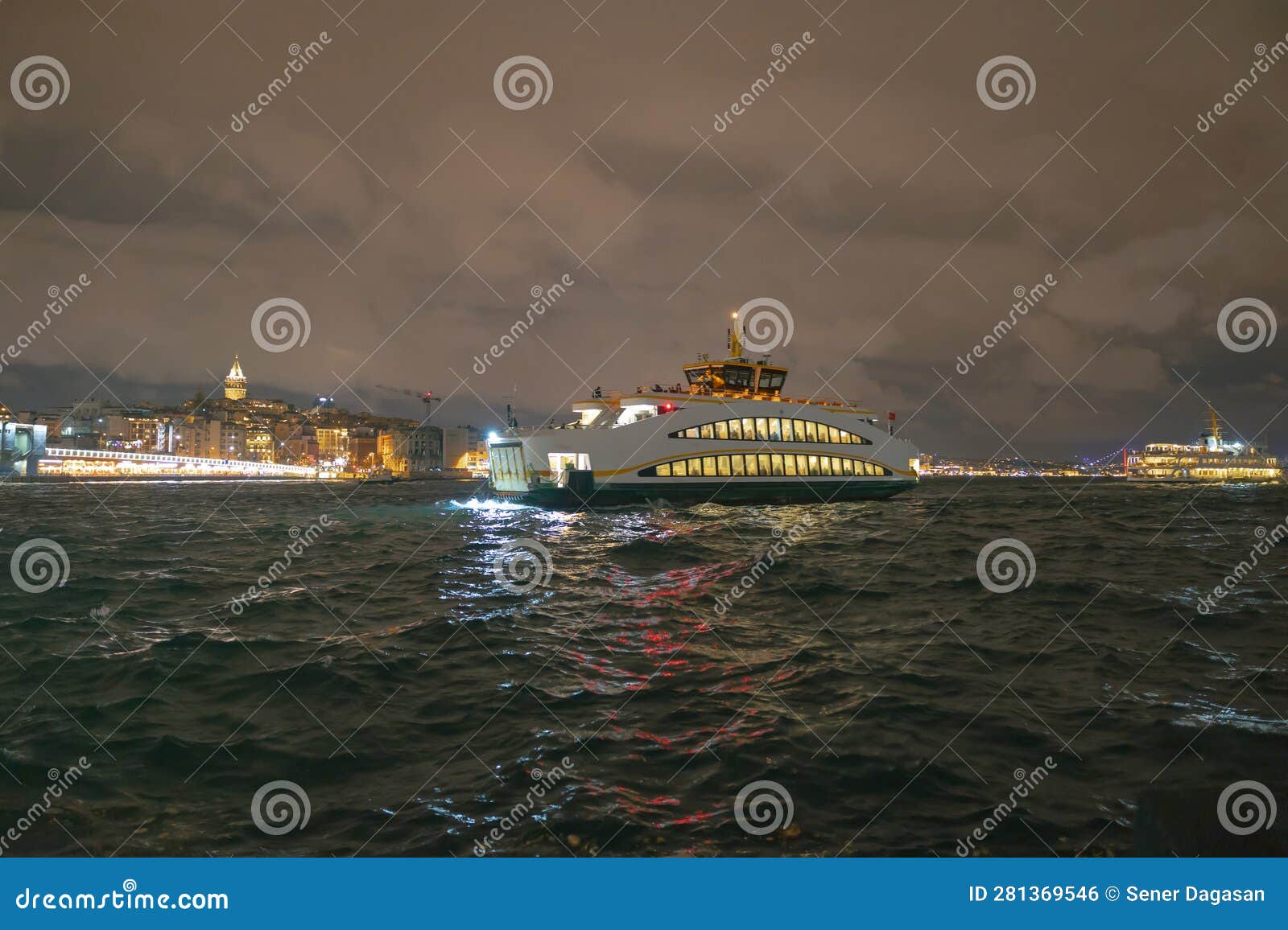 Istanbul Night View. Ferry and Galata Tower Stock Photo - Image of tour ...