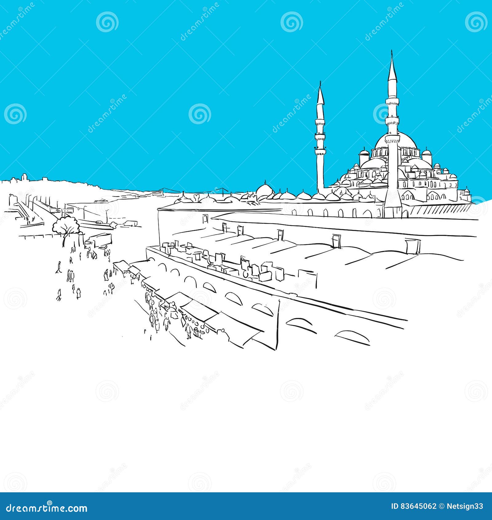 Istanbul Panorama Drawing, Blue Series Stock Vector - Illustration of ...