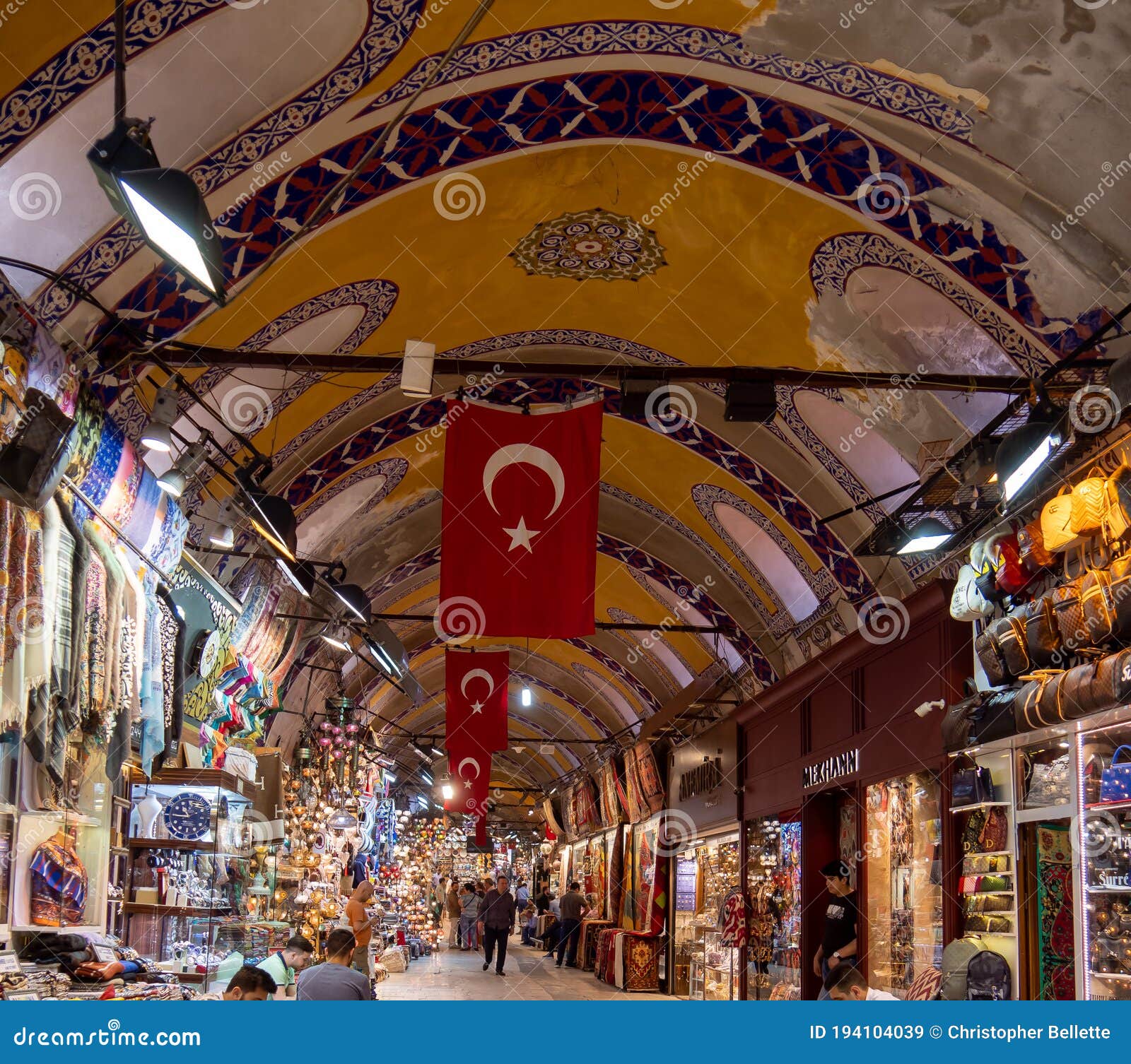 ISTANBUL, TURKEY - MAY, 22, 2019: Grand Bazaar Interior with Flags on ...