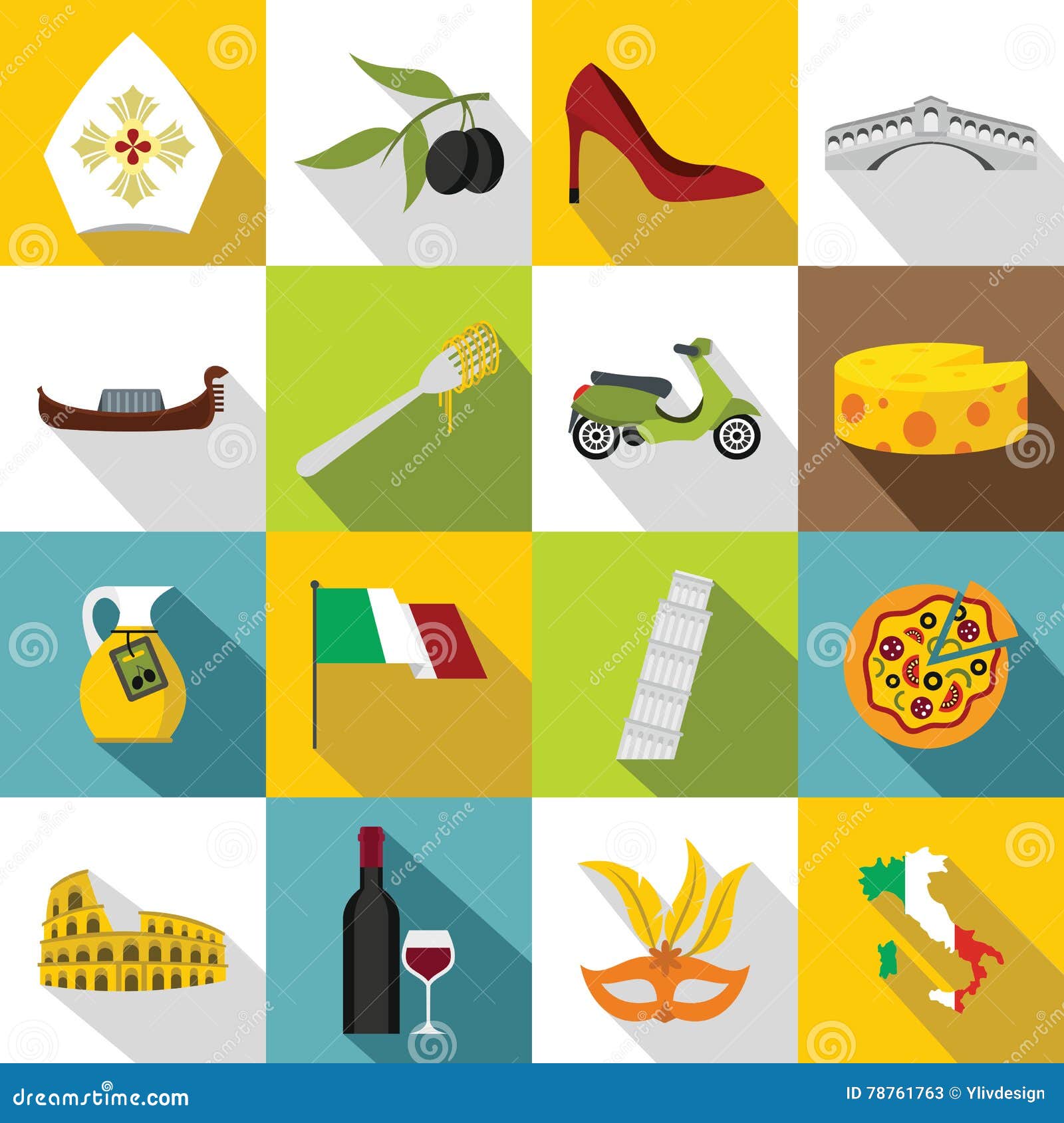Italia Icons Set, Flat Style Stock Vector - Illustration of cheese ...