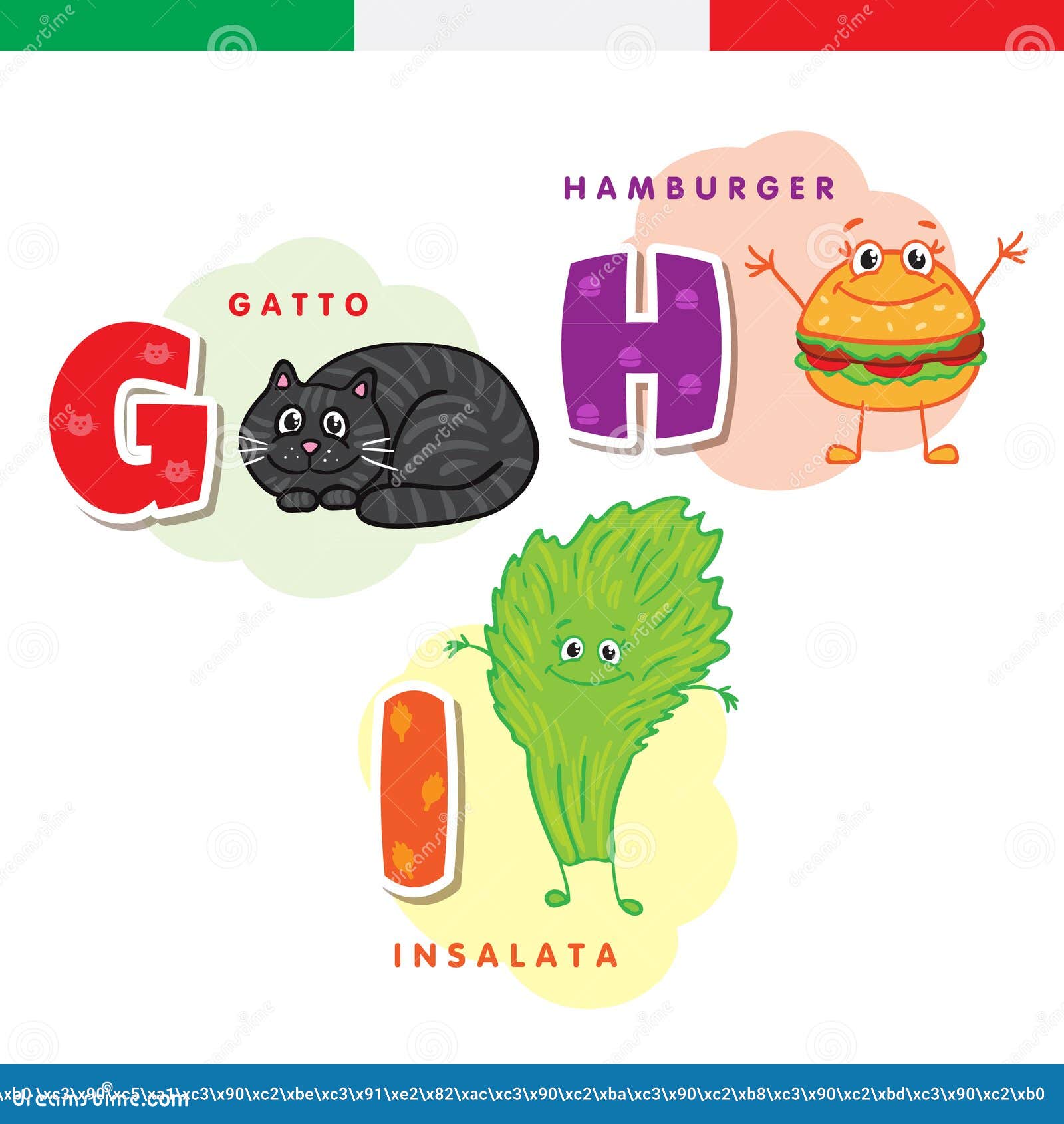 Italian Alphabet. Cat, Hamburger, Lettuce. Vector Letters and ...