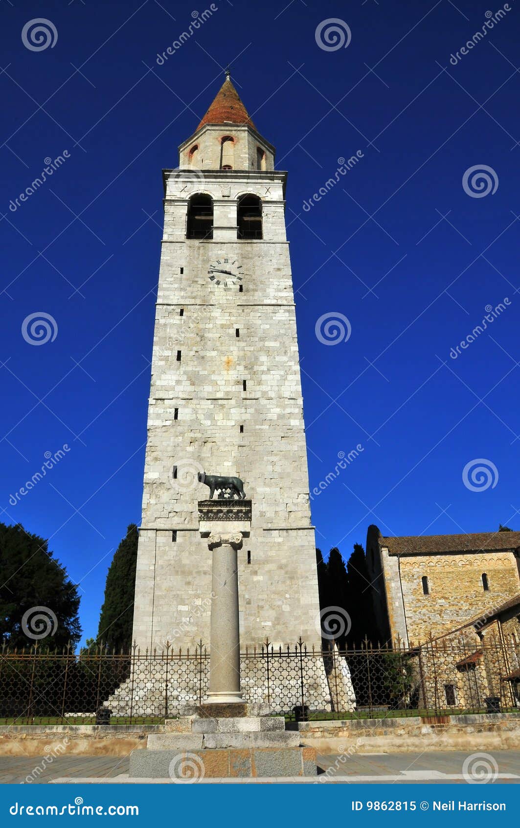 Italian Bell Tower and Statue of Romulus and Remus Stock Image - Image ...