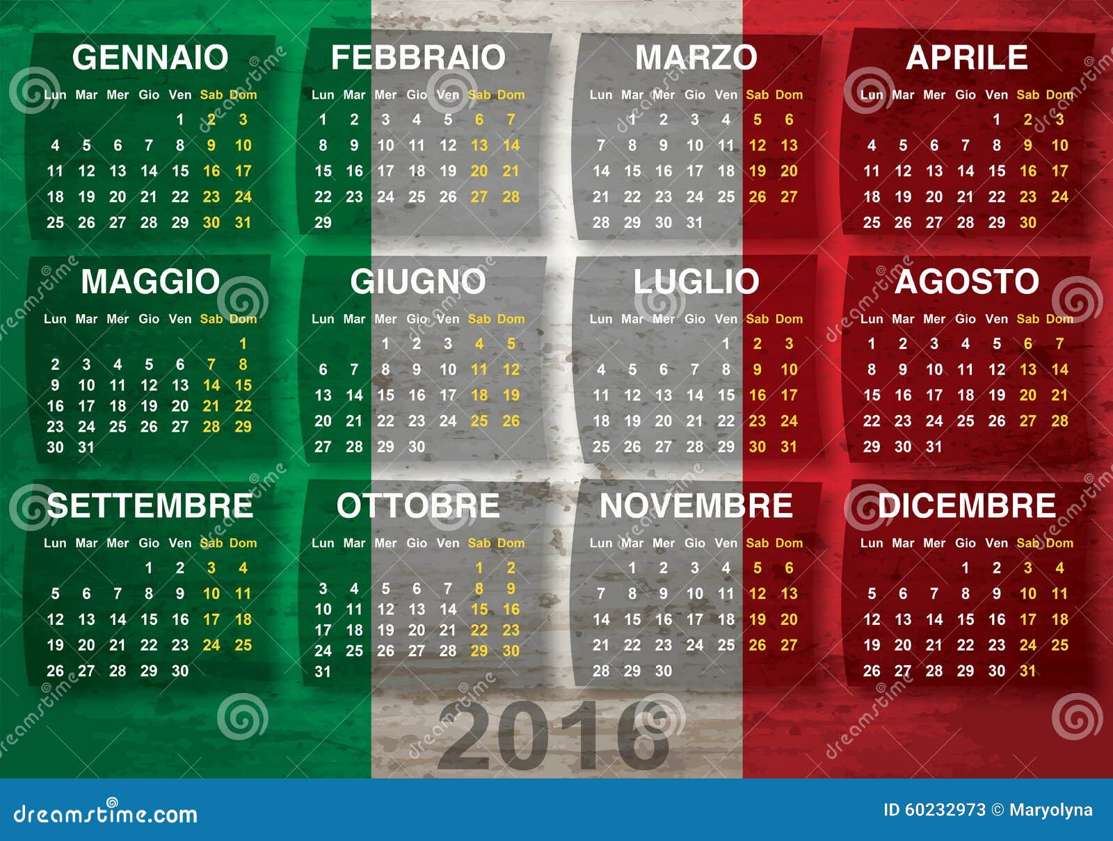 Italian calendar 2016 stock illustration. Illustration of flag - 60232973