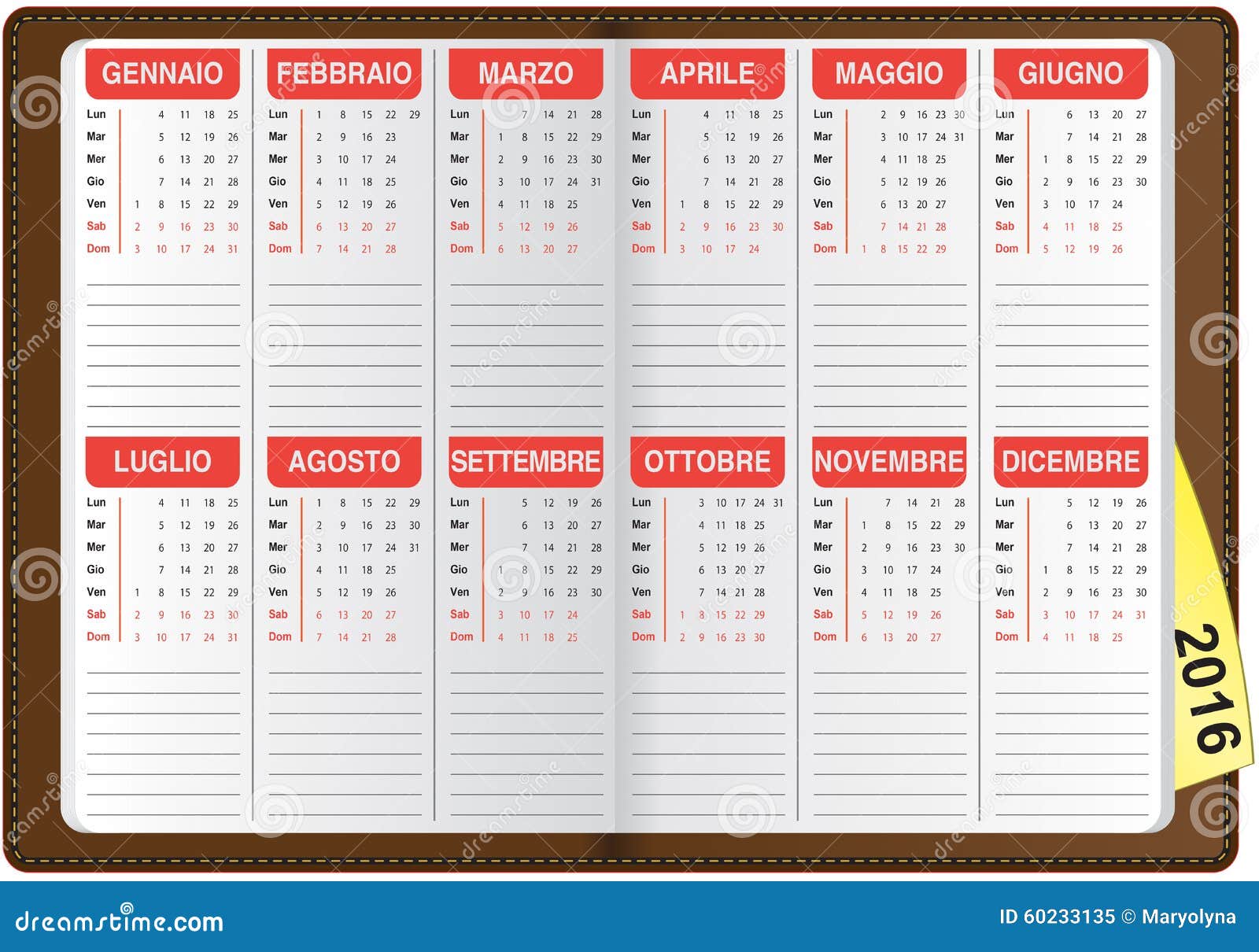 Italian calendar 2016 stock illustration. Illustration of date - 60233135