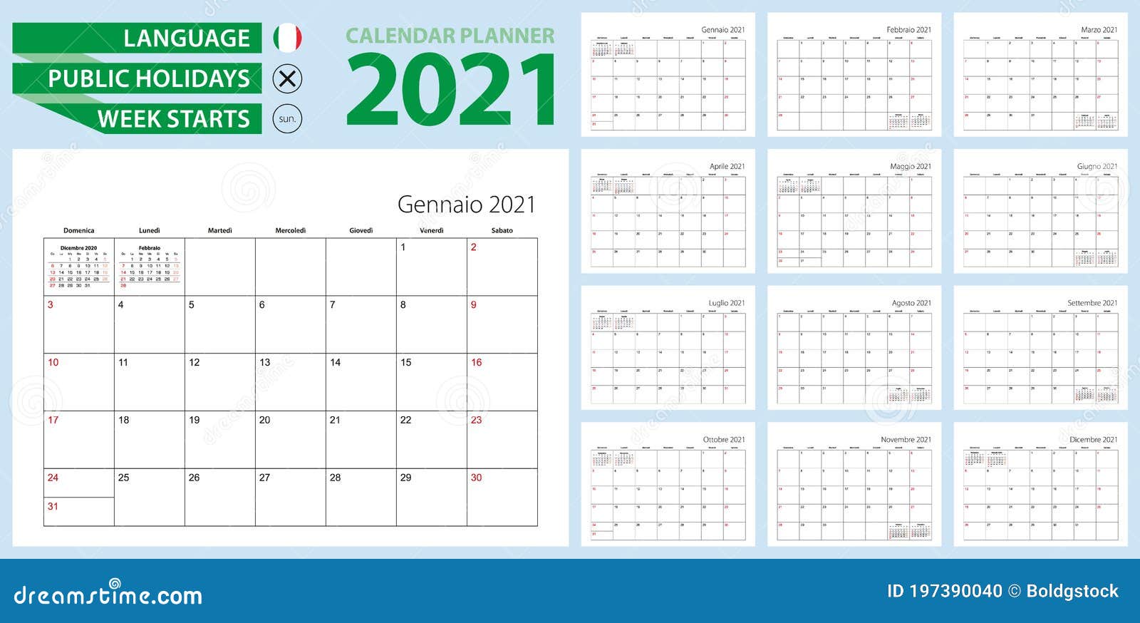 Italian Calendar Planner for 2021. Italian Language, Week Starts from ...