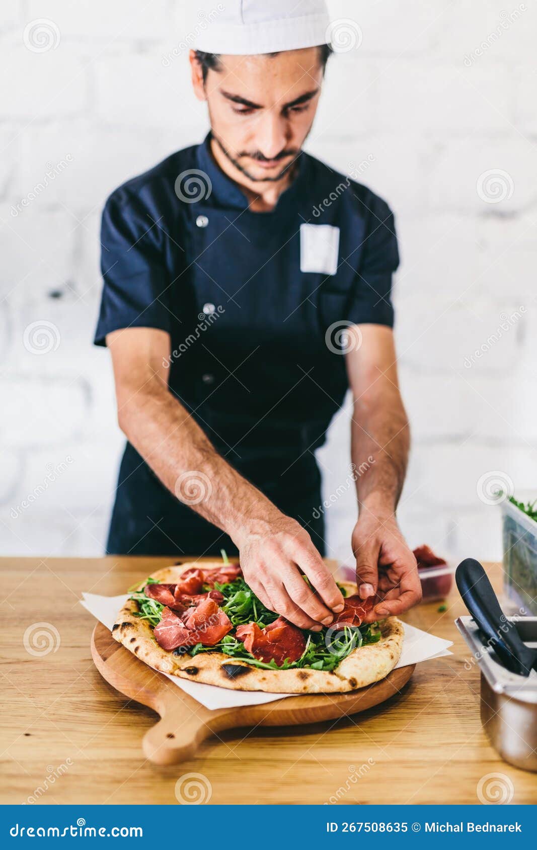 Italian Chef Pizzaiolo Making Pizza in Restaurant Kitchen Stock Image ...