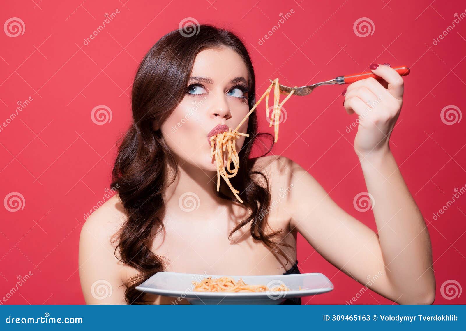 Italian Cuisine Concept Healthy Menu Woman Eat Tasty Pasta Food From