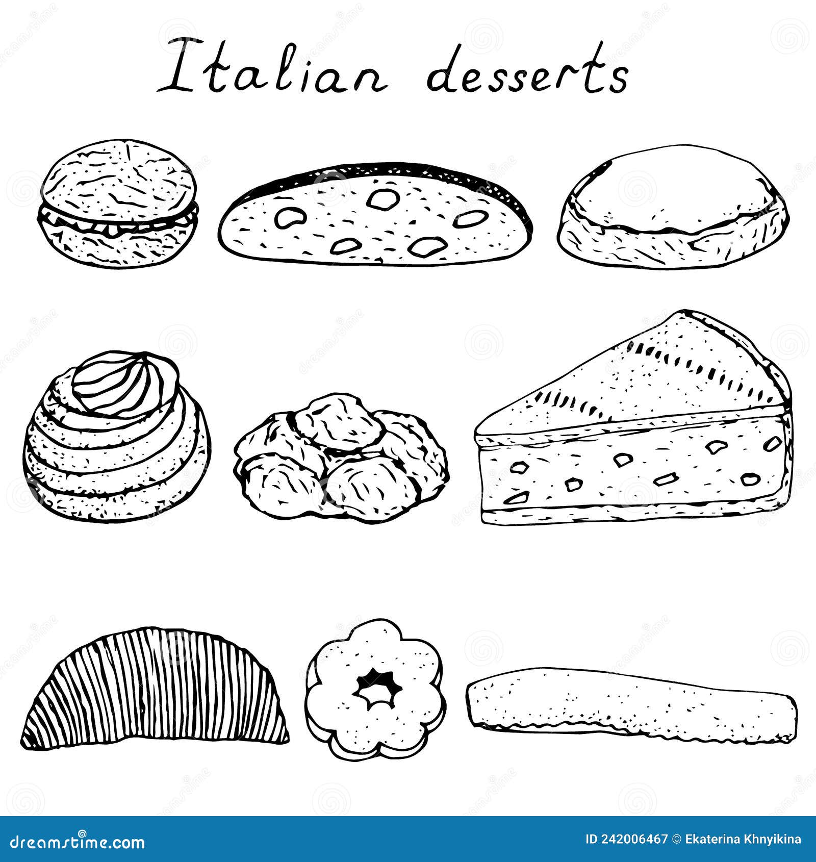 Italian Desserts Set Vector Illustration, Hand Drawing Sketch Stock ...
