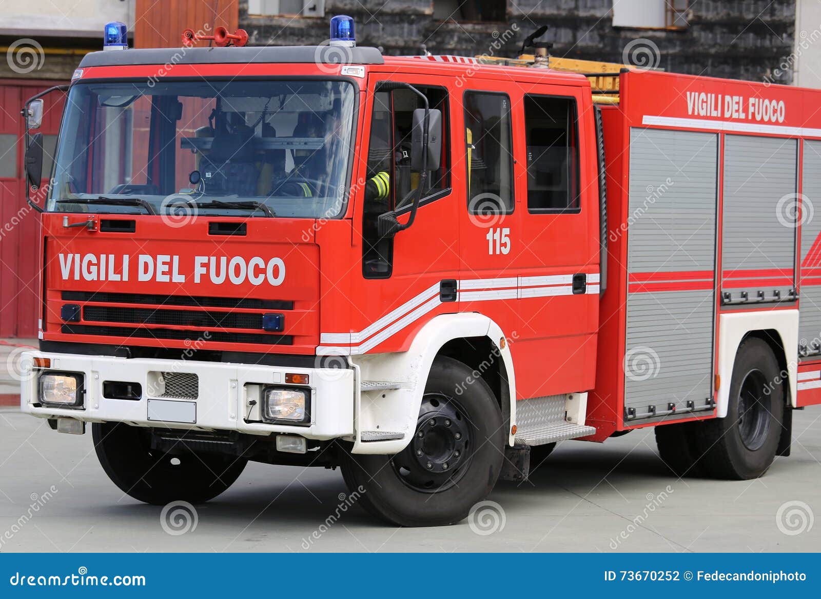 Italian Fire Engine Pulled Up in Front of the Blazing Building Stock ...