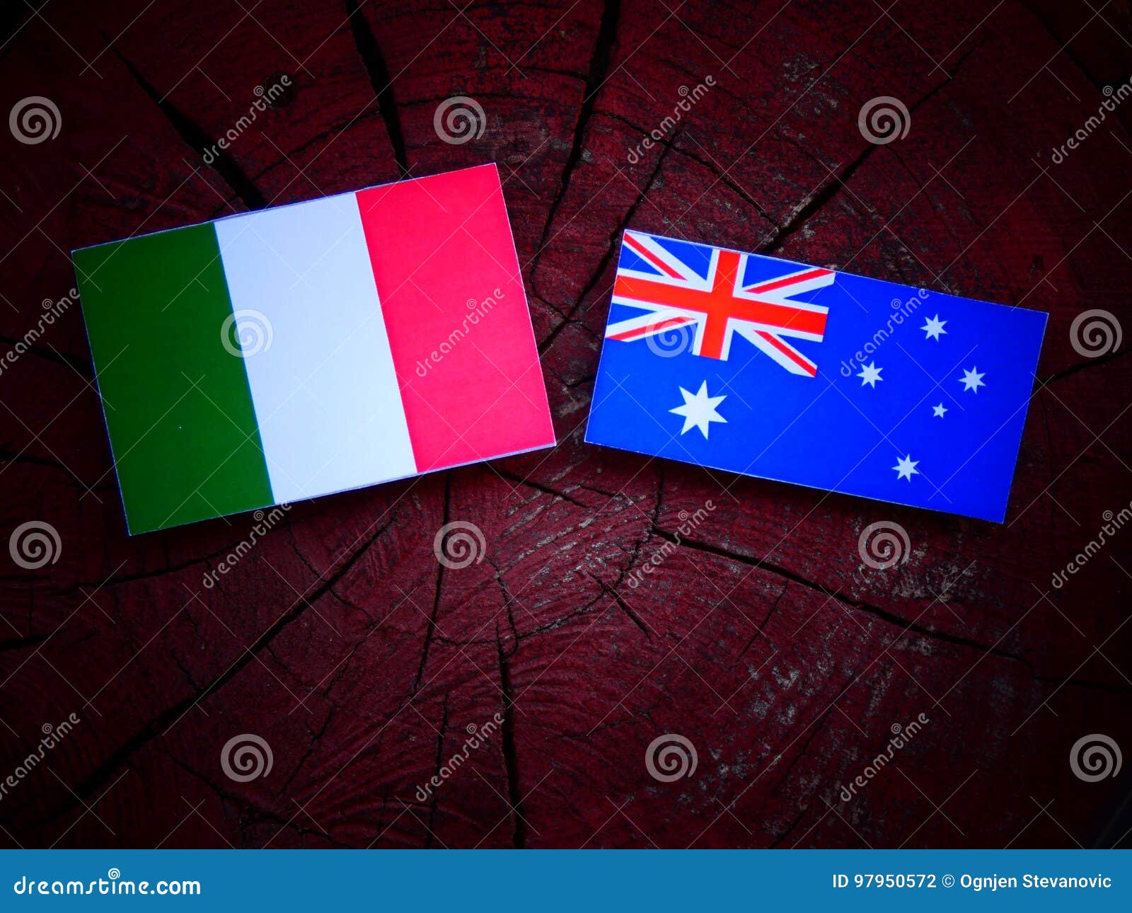 Italian Flag with Australian Flag on a Tree Stump Stock Photo - Image ...