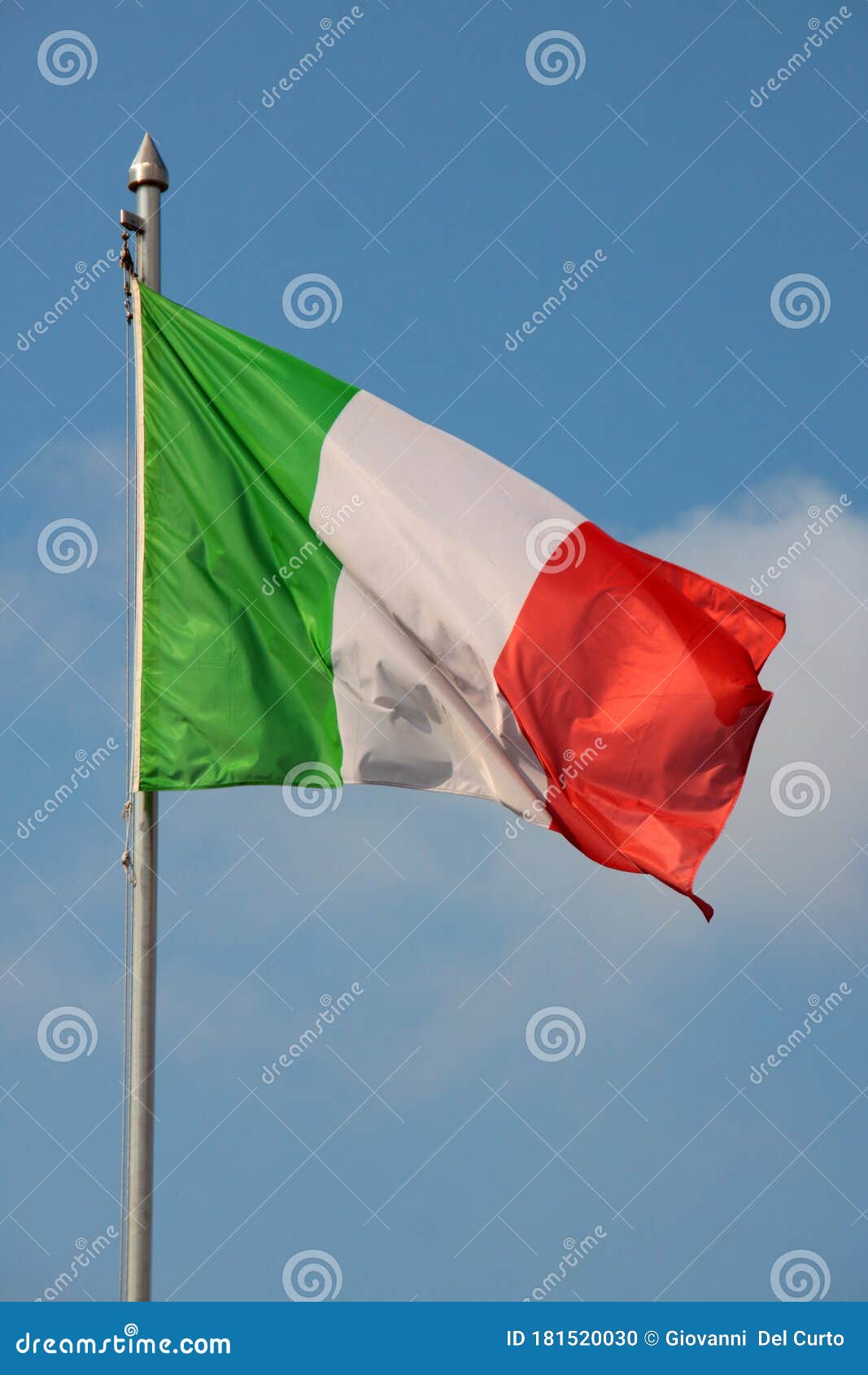 Italian Flag Flying with Blue Sky and Clouds Stock Photo - Image of ...