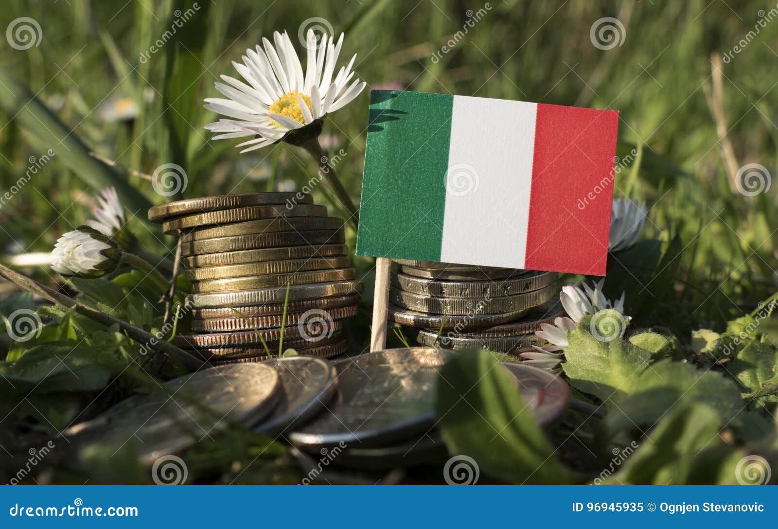 Italian Flag with Stack of Money Coins with Grass Stock Image - Image ...