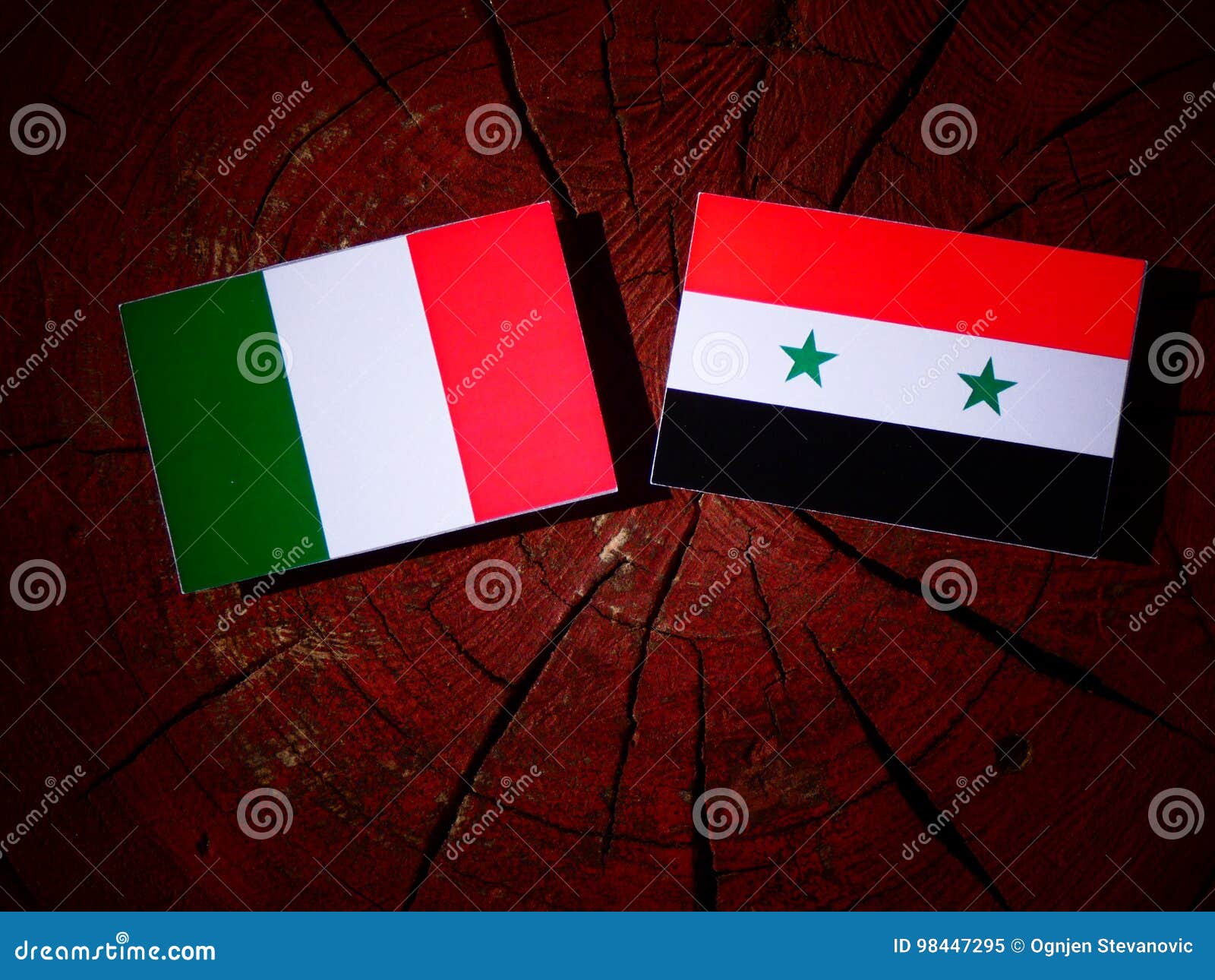 Italian Flag with Syrian Flag on a Tree Stump Stock Image - Image of ...