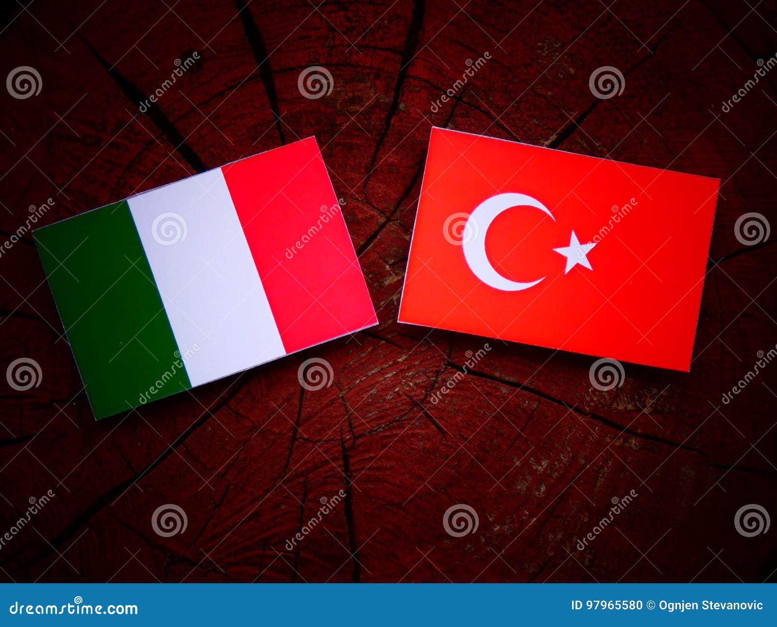 Italian Flag with Turkish Flag on a Tree Stump Stock Photo - Image of ...