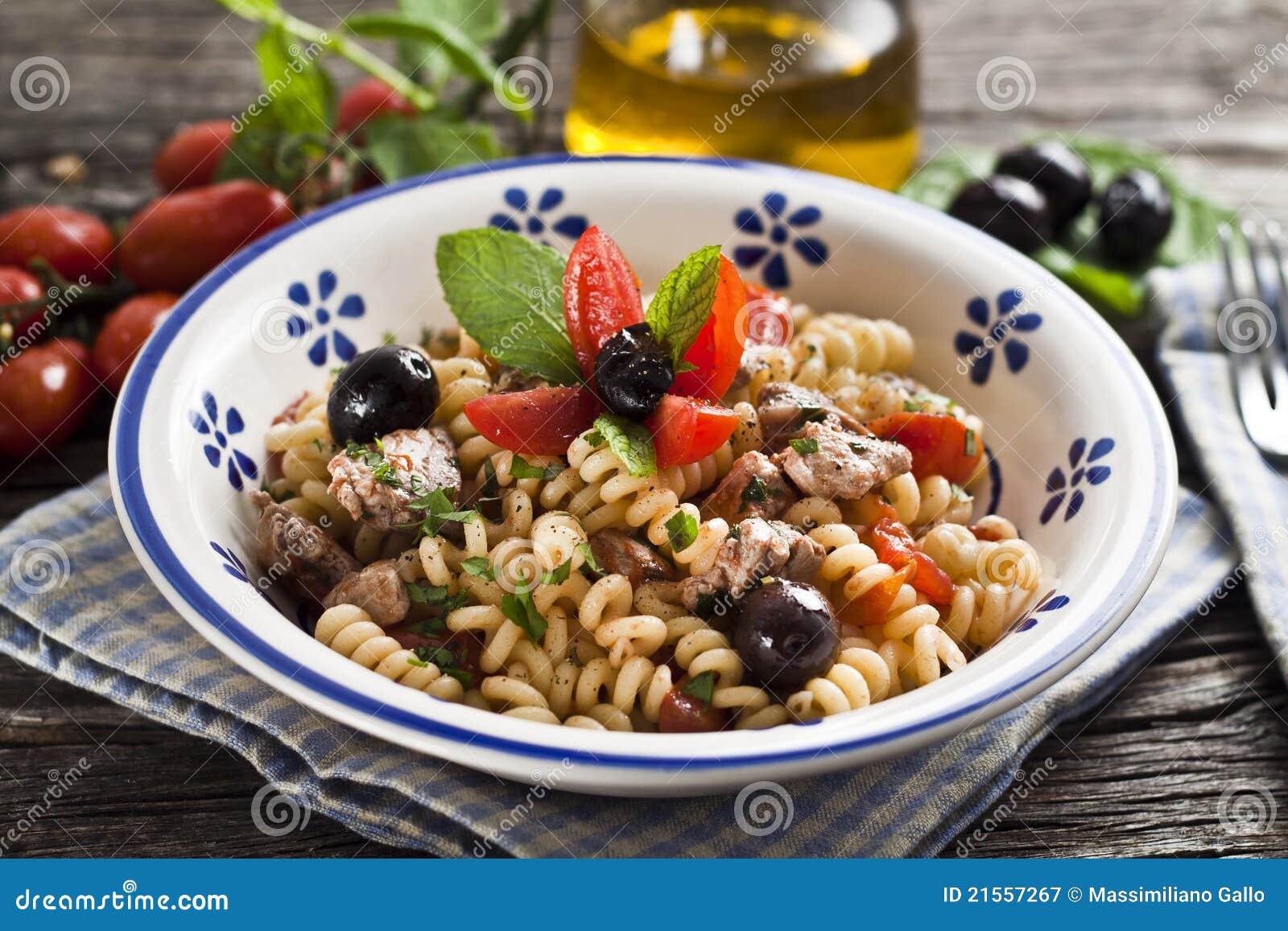 Italian Fusilli Pasta with Swordfish Stock Image - Image of dish, cruet ...